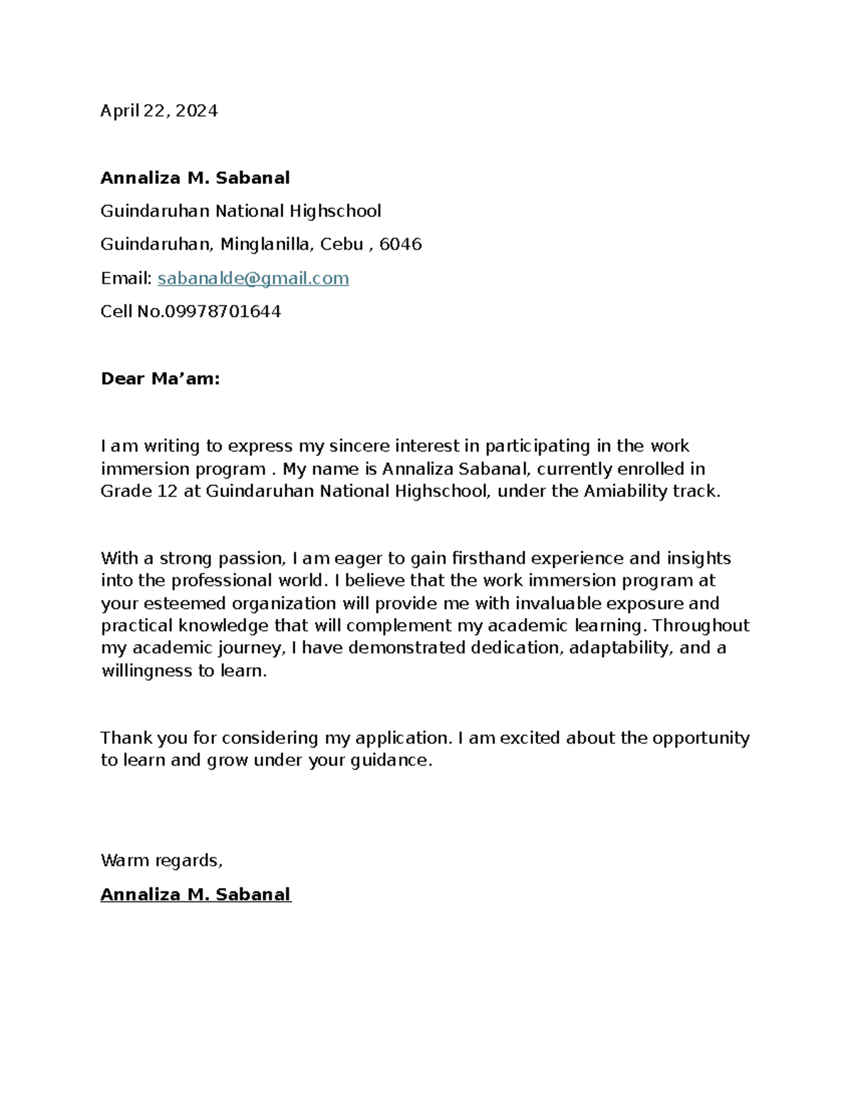 Annaliza( Application Letter) - April 22, 2024 Annaliza M. Sabanal ...