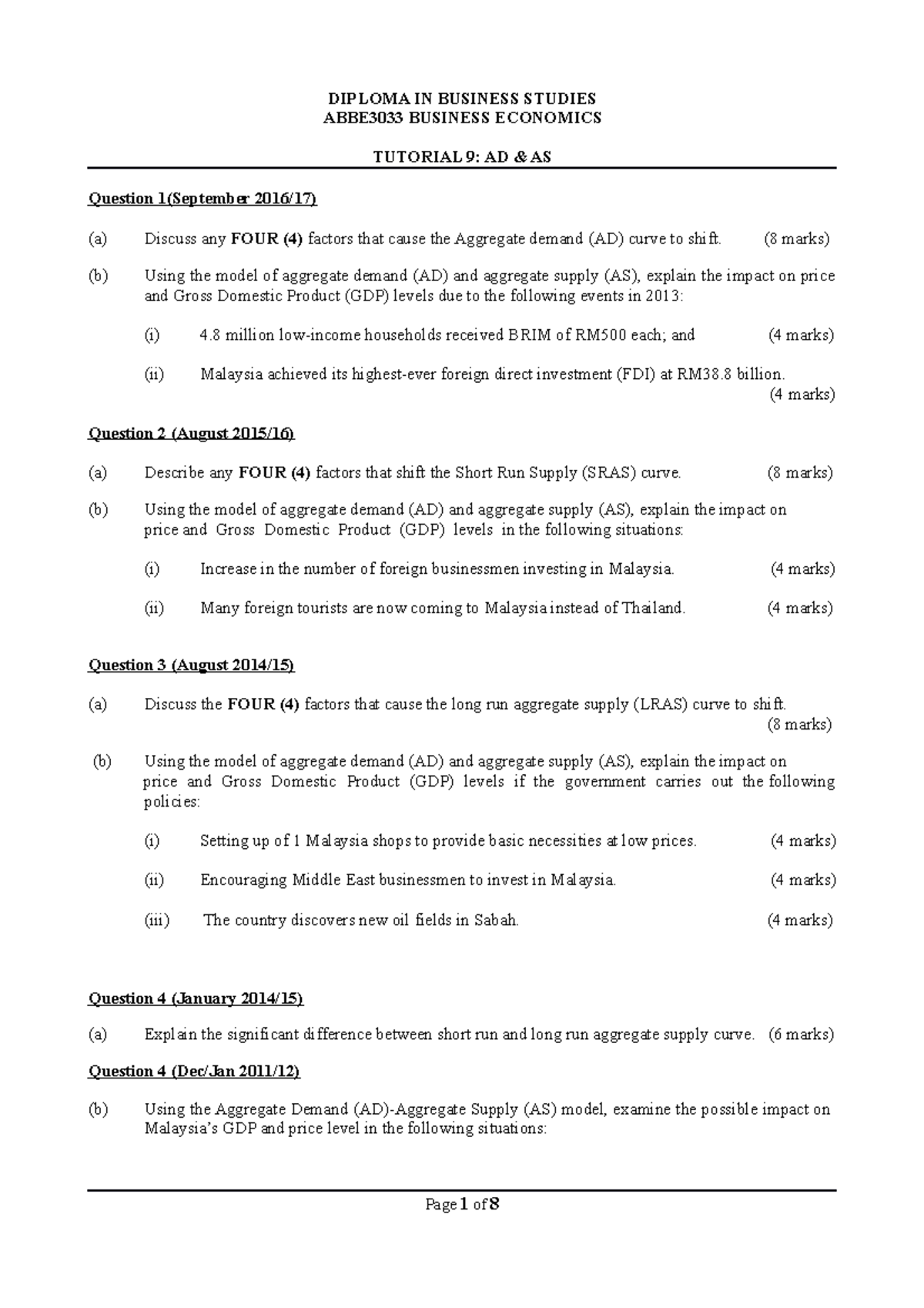 Tutorial 10 Q T AD AS DIPLOMA IN BUSINESS STUDIES ABBE3033 BUSINESS