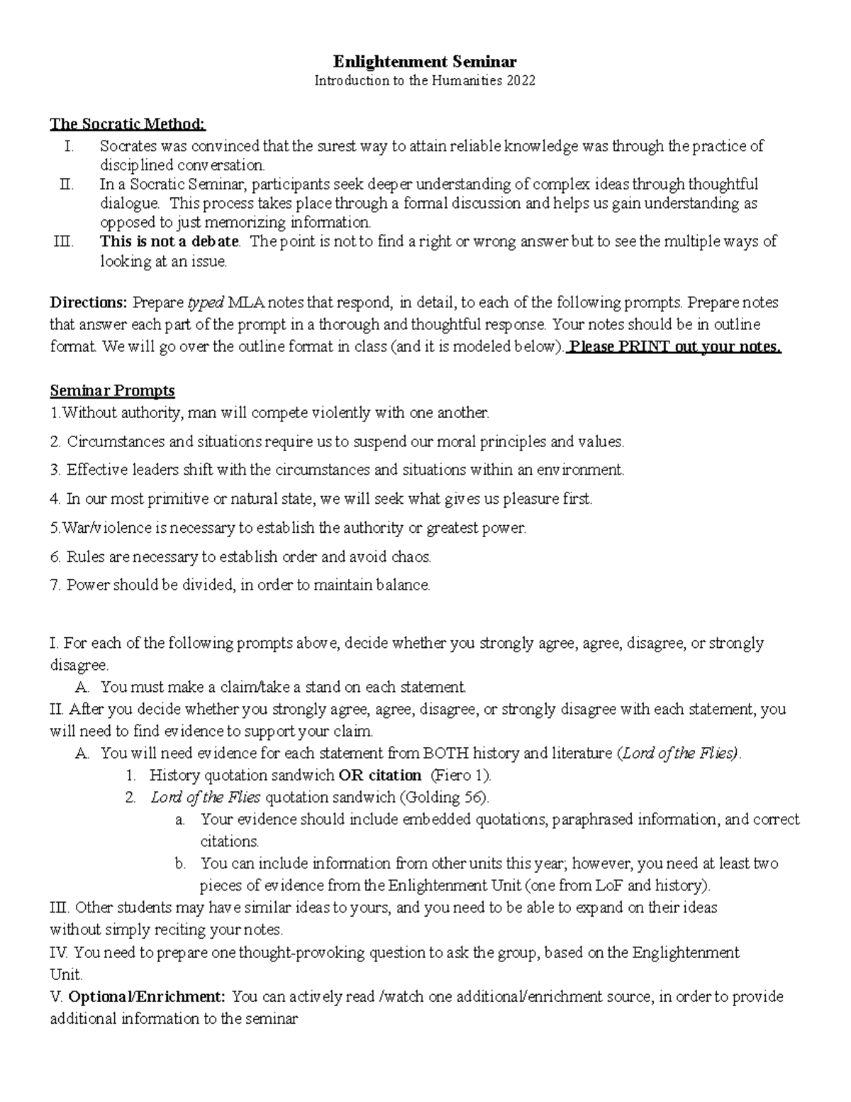 Enlightenment Socratic Seminar Lane Paletta - Studocu