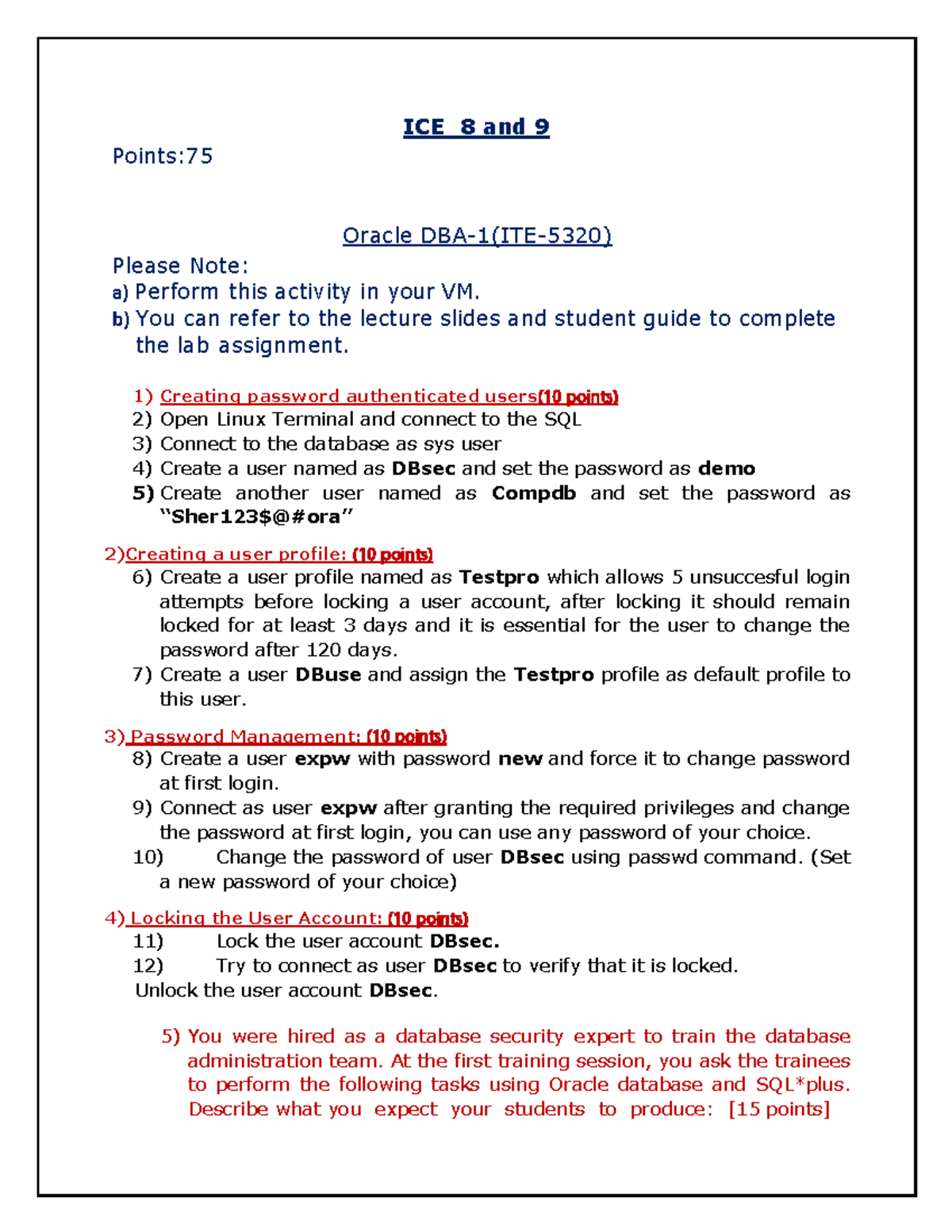 ICE 8 & 9 - oracle assignment - ICE_8 and 9 Points: Oracle DBA-1(ITE ...