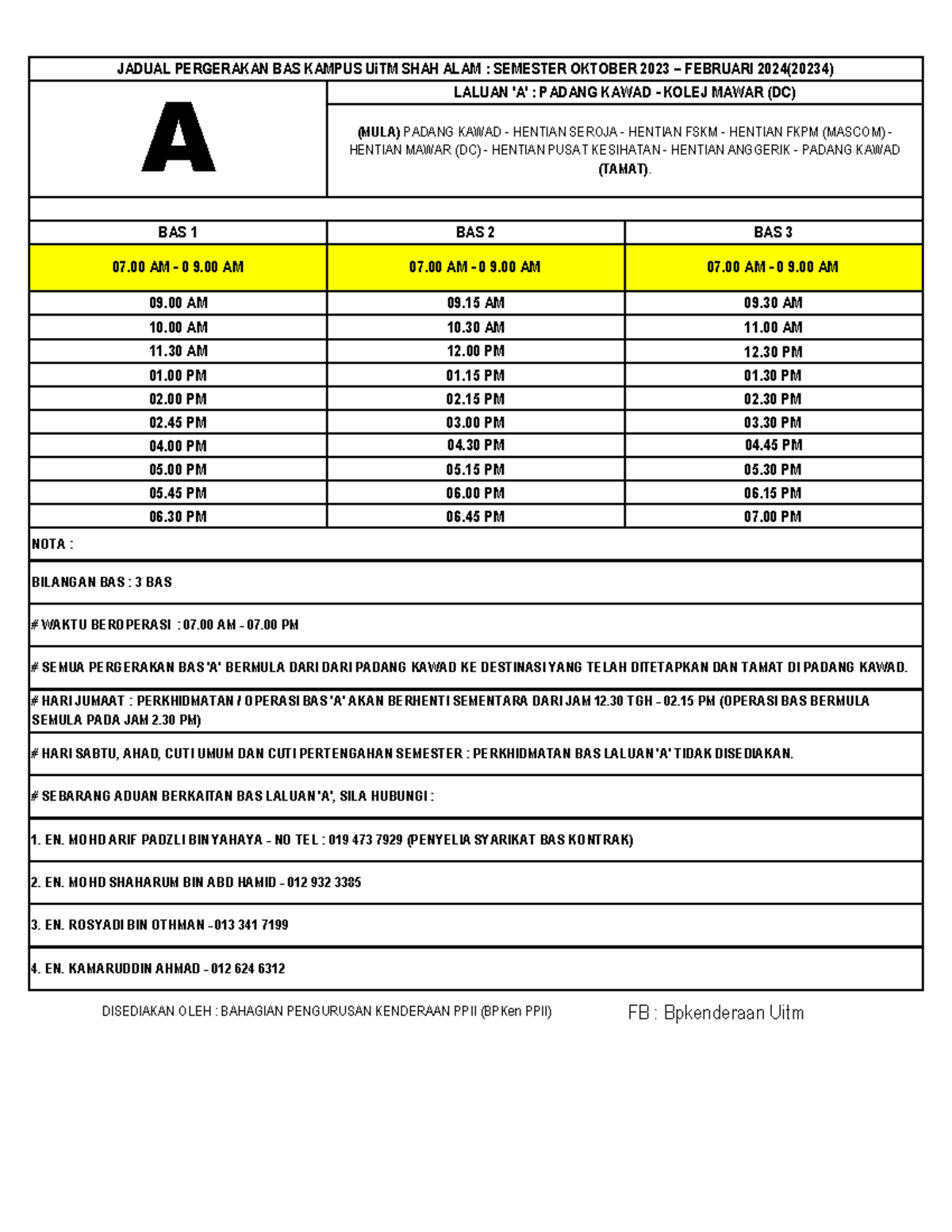 1. BAS Kampus SA - Laluan A - BAS 1 BAS 2 BAS 3 09 AM 09 AM 09 AM 10 AM ...