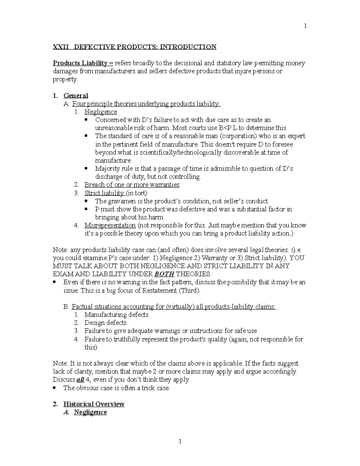 Torts Law - Prof. Carver 3 - XXII DEFECTIVE PRODUCTS: INTRODUCTION ...