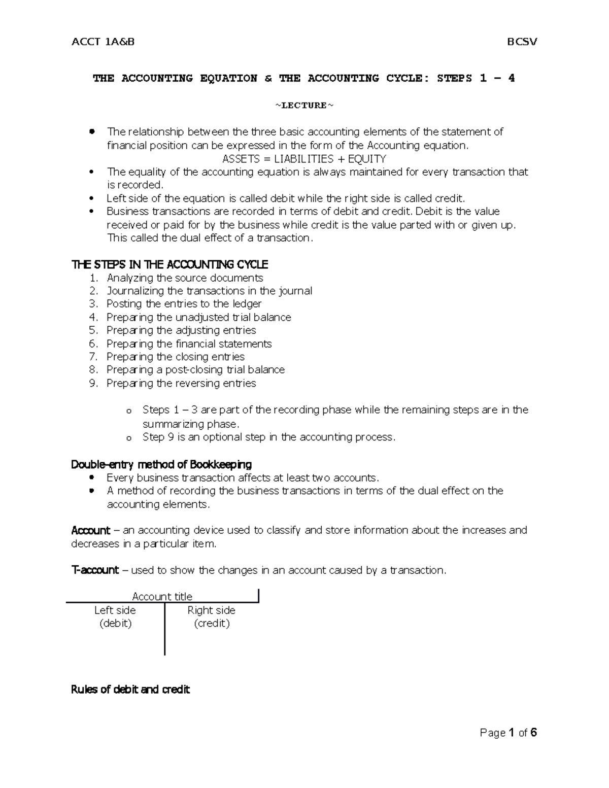 1-ACCT-1AB The Accounting Equation The Accounting Cycle (Lecture) - THE ...