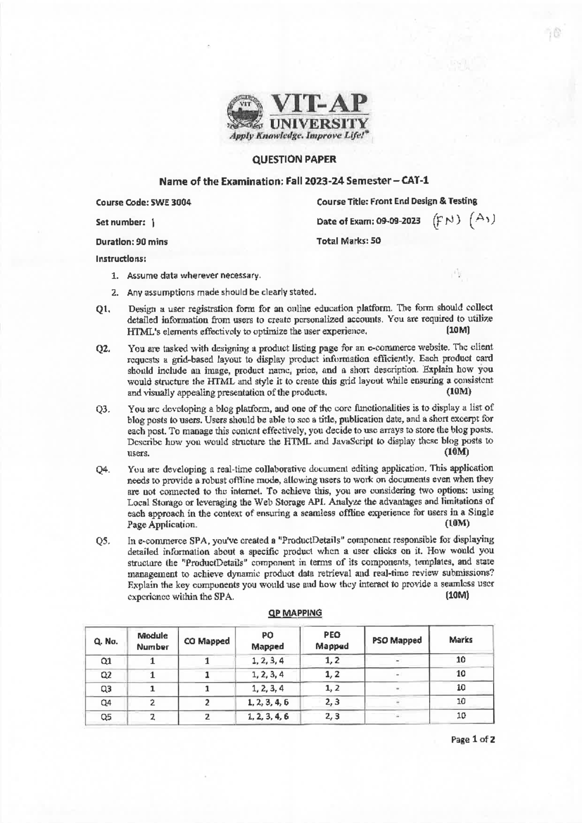 Question Paper - VIT UNIVERSITY Apply Knowledge. Improve Life! QUESTION ...