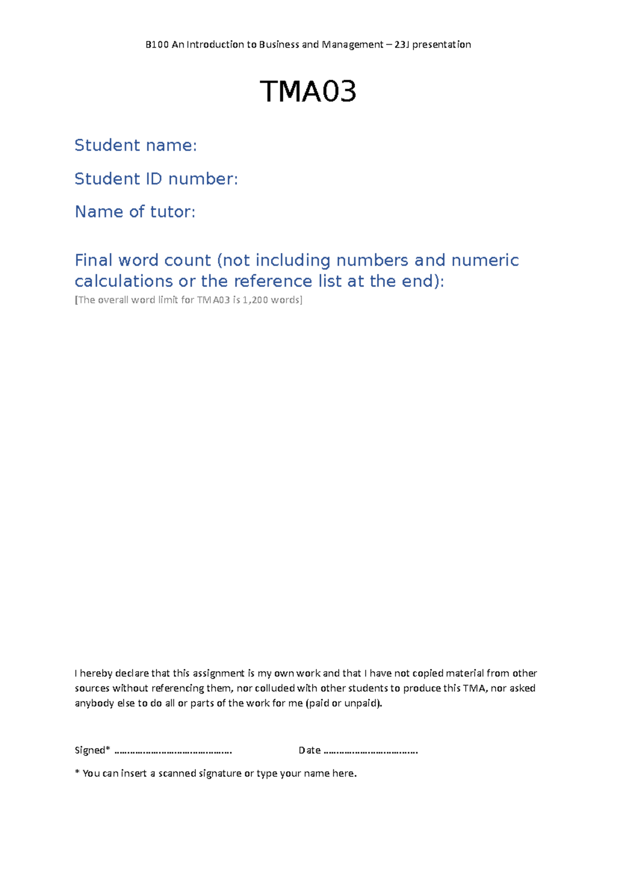 B100 23J TMA03 Template (final) - TMA Student name: Student ID number ...
