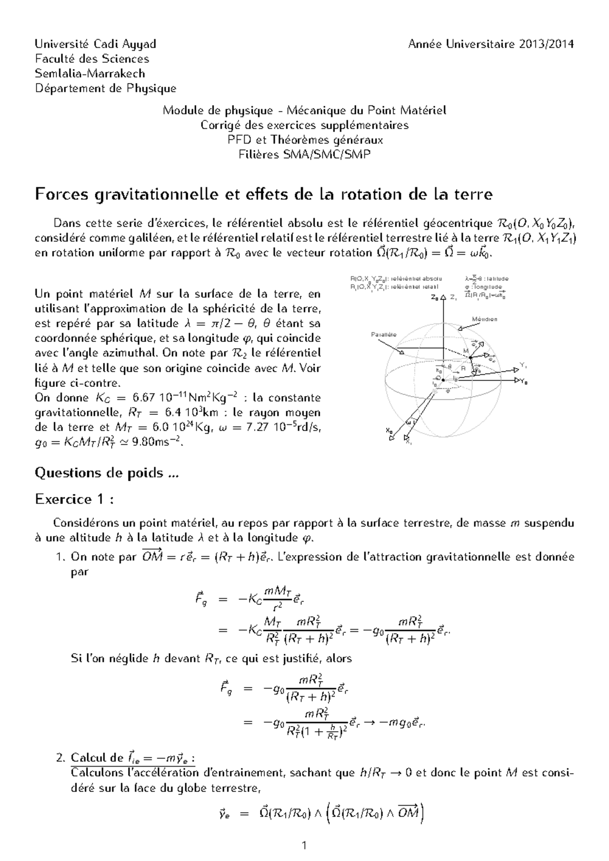Mécanique du Point Matériel force gravitationnelles corrigées des exercices - Université Cadi ...