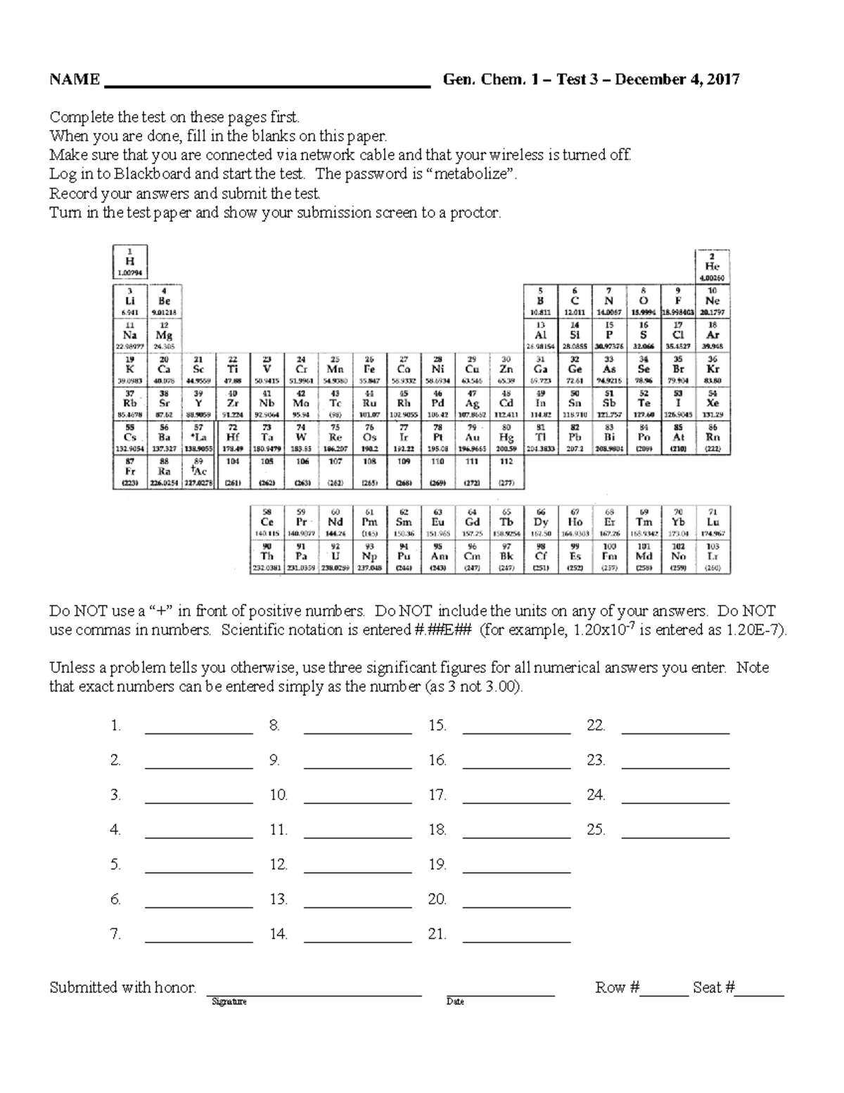 2017 Fall Test 3 answers - NAME ________________ Gen. Chem. 1 – Test 3 ...