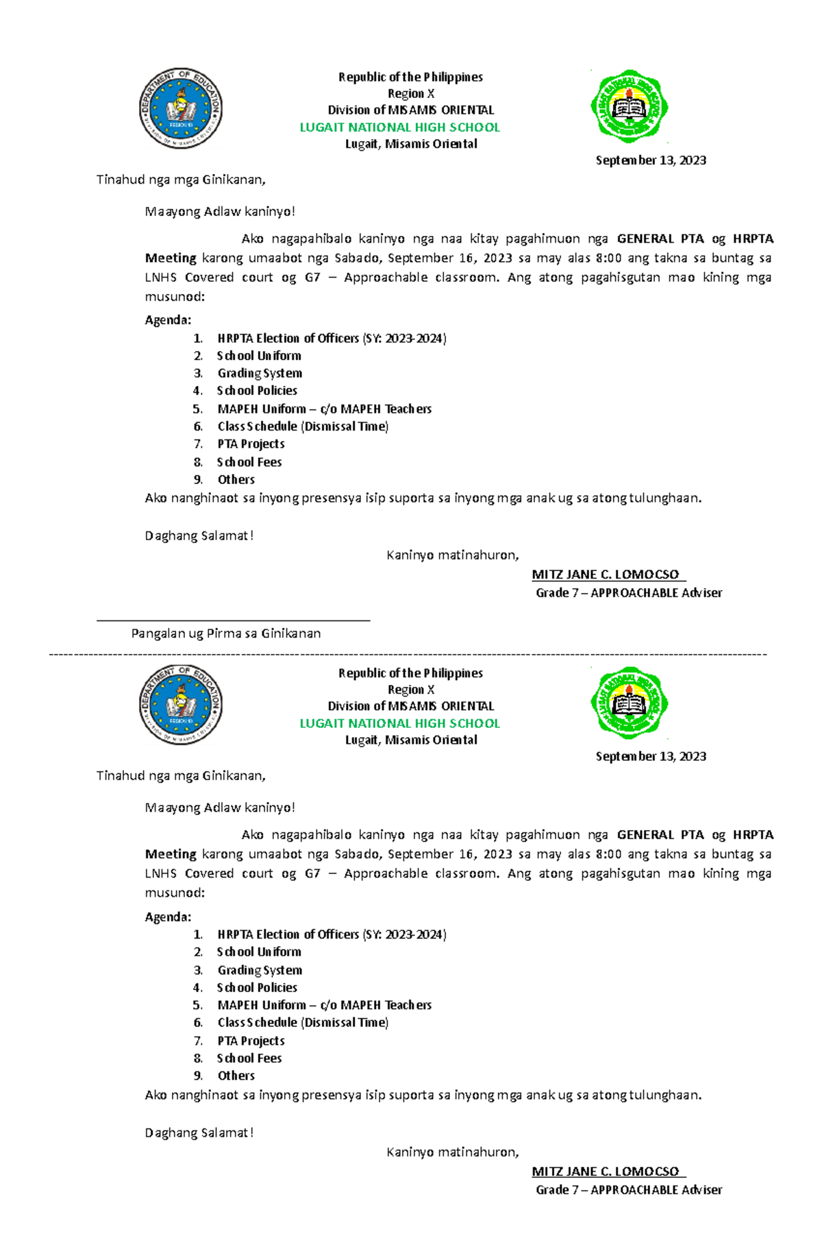Hrpta-Letter 2 - sample letter to parents on conducting hrpta meeting ...
