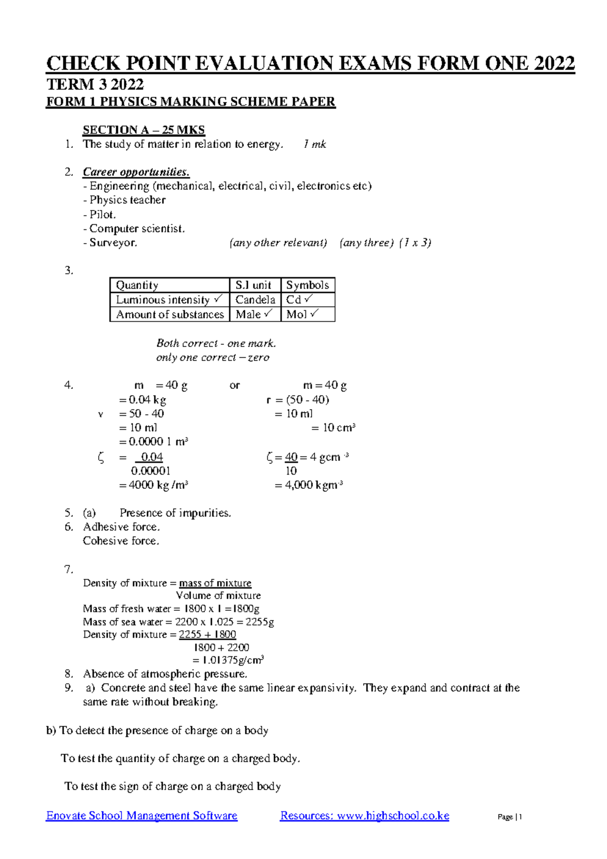 232 Physics Form One Answers End Term 3 2022 - CHECK POINT EVALUATION ...
