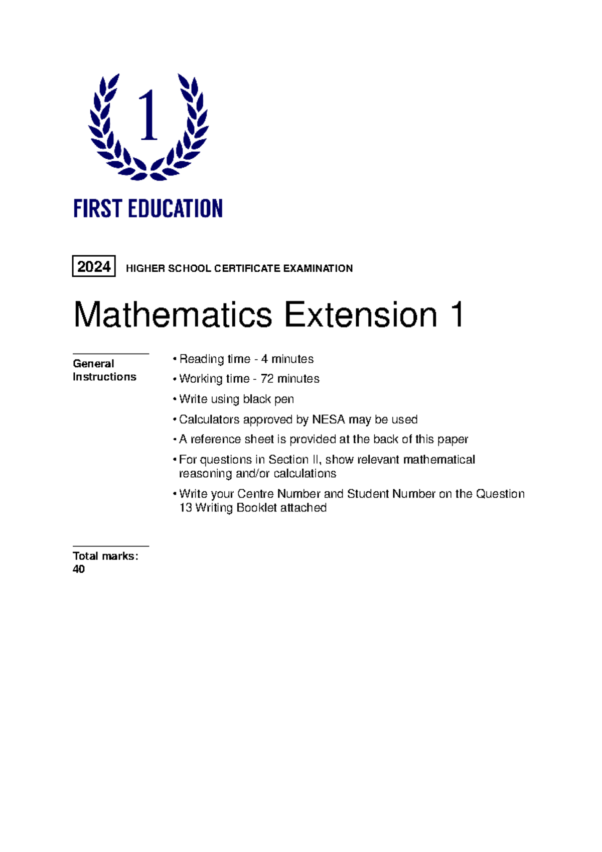 Maths Extension 1 - 2024 HIGHER SCHOOL CERTIFICATE EXAMINATION ...