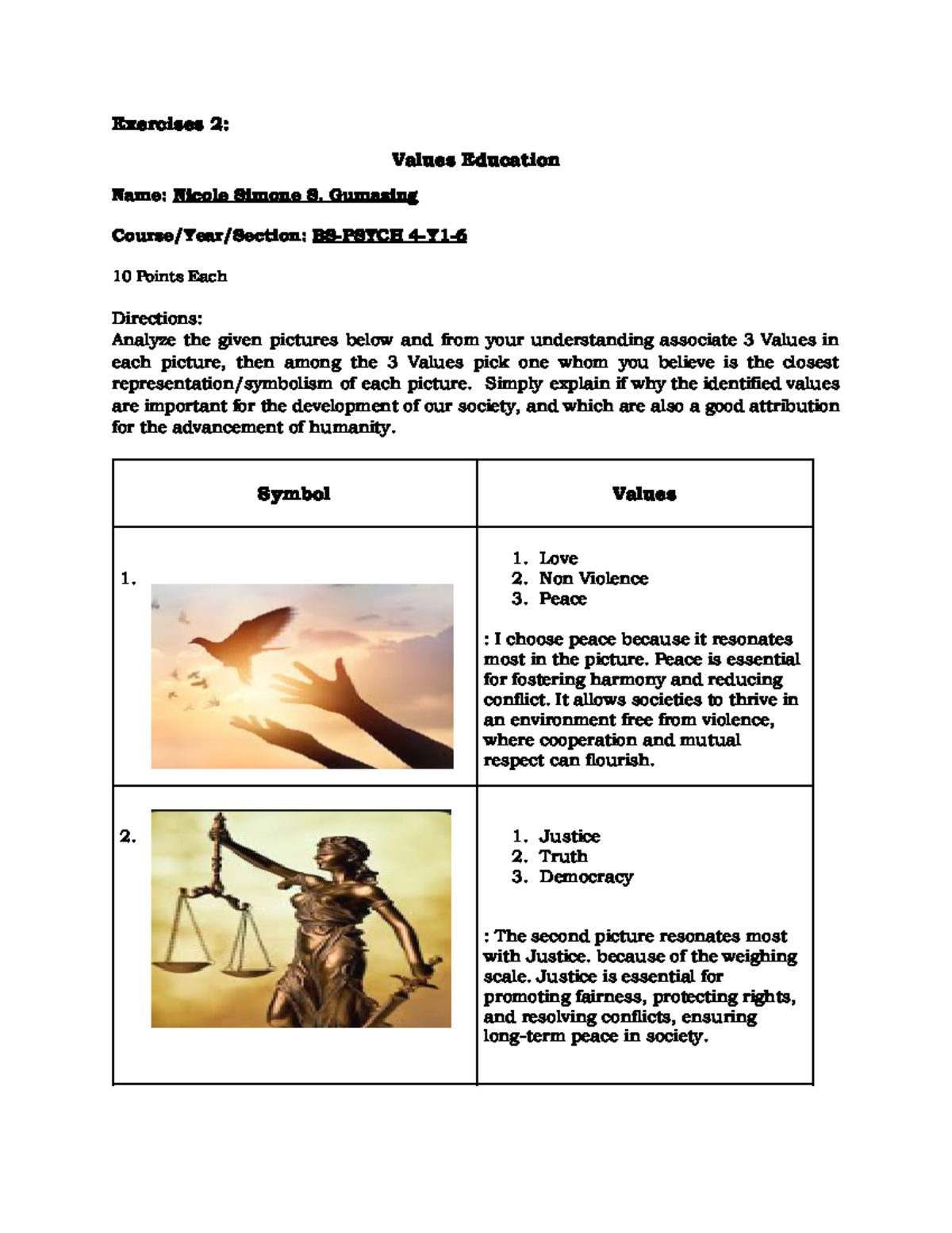 VAED-Exercises-2 - n/a - Exercises 2: Values Education Name: Nicole ...