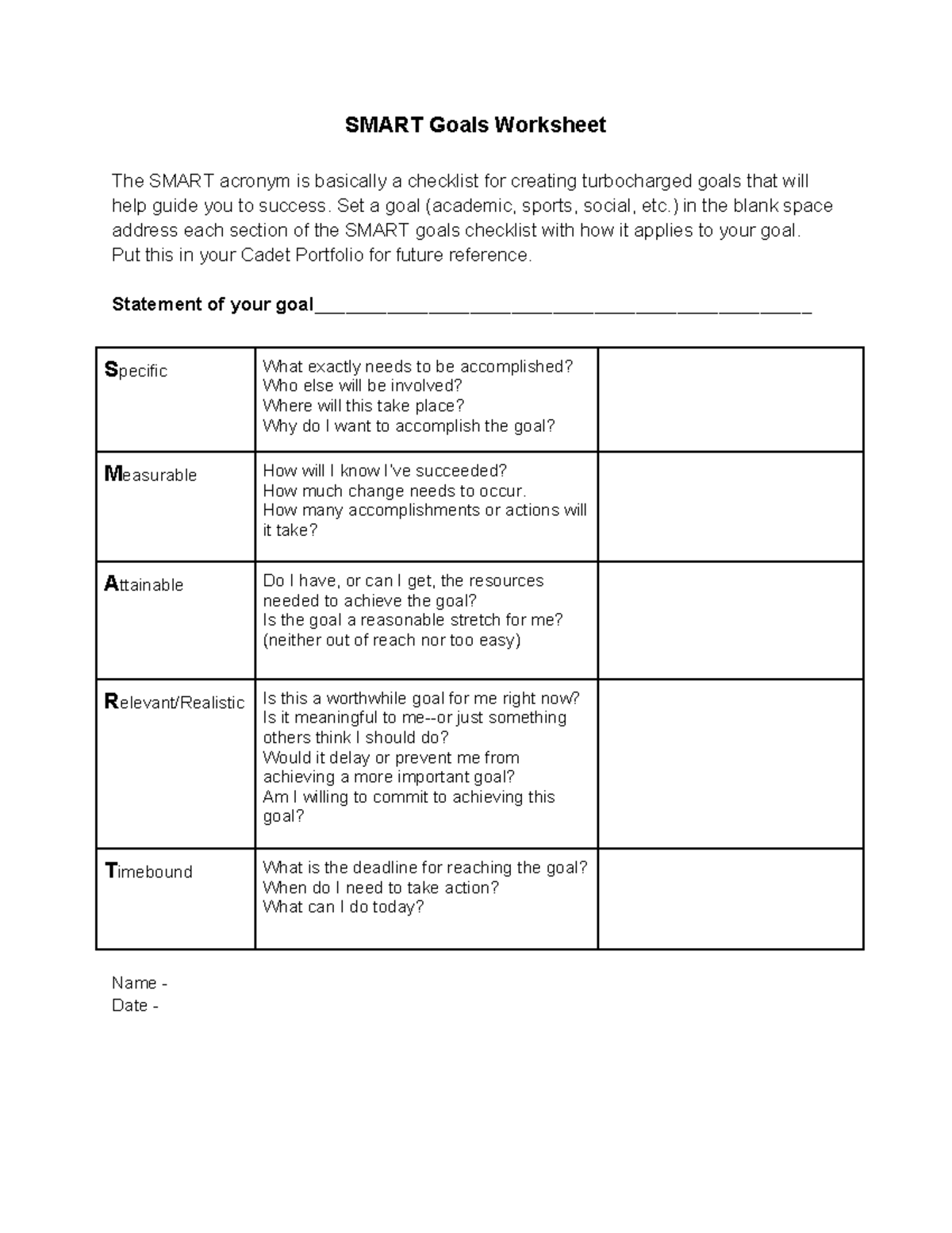 Smart Goals Worksheet - hey - SMART Goals Worksheet The SMART acronym ...
