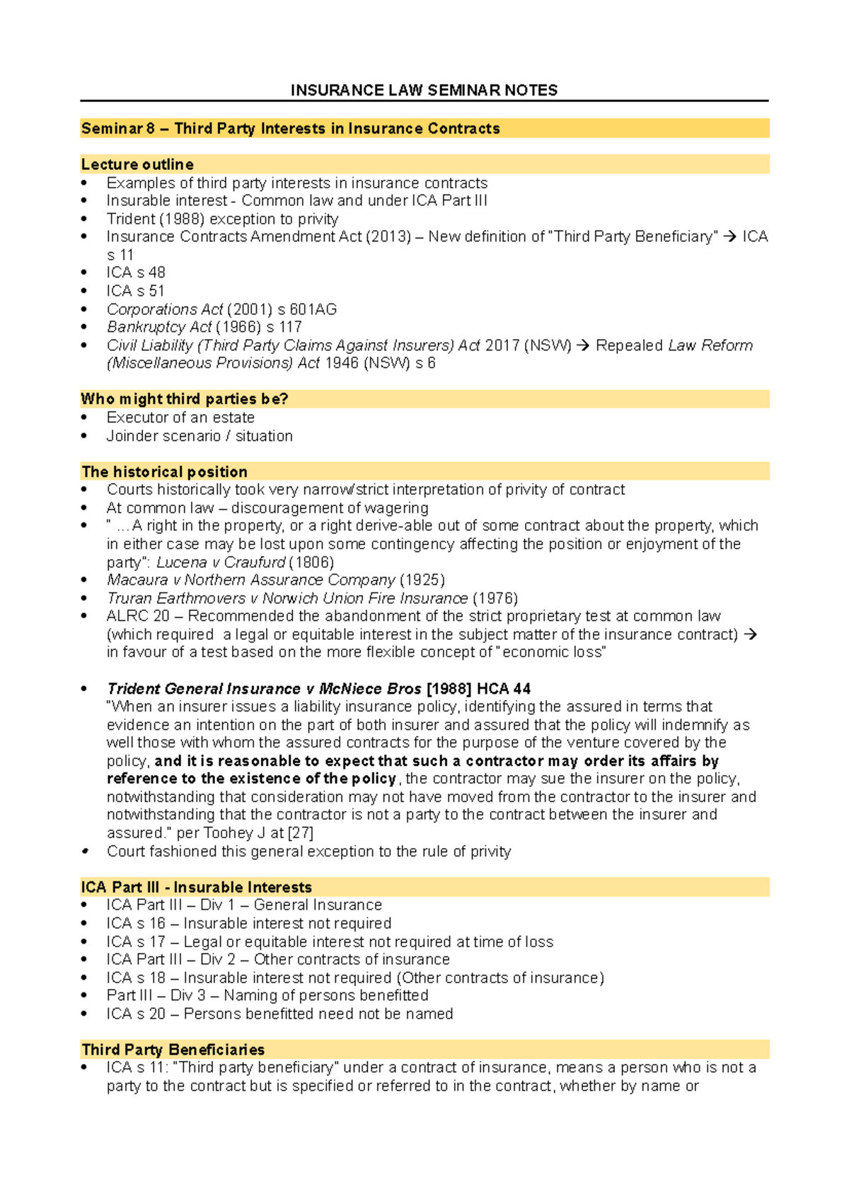 Seminar notes - INSURANCE LAW SEMINAR NOTES Seminar 8 – Third Party ...