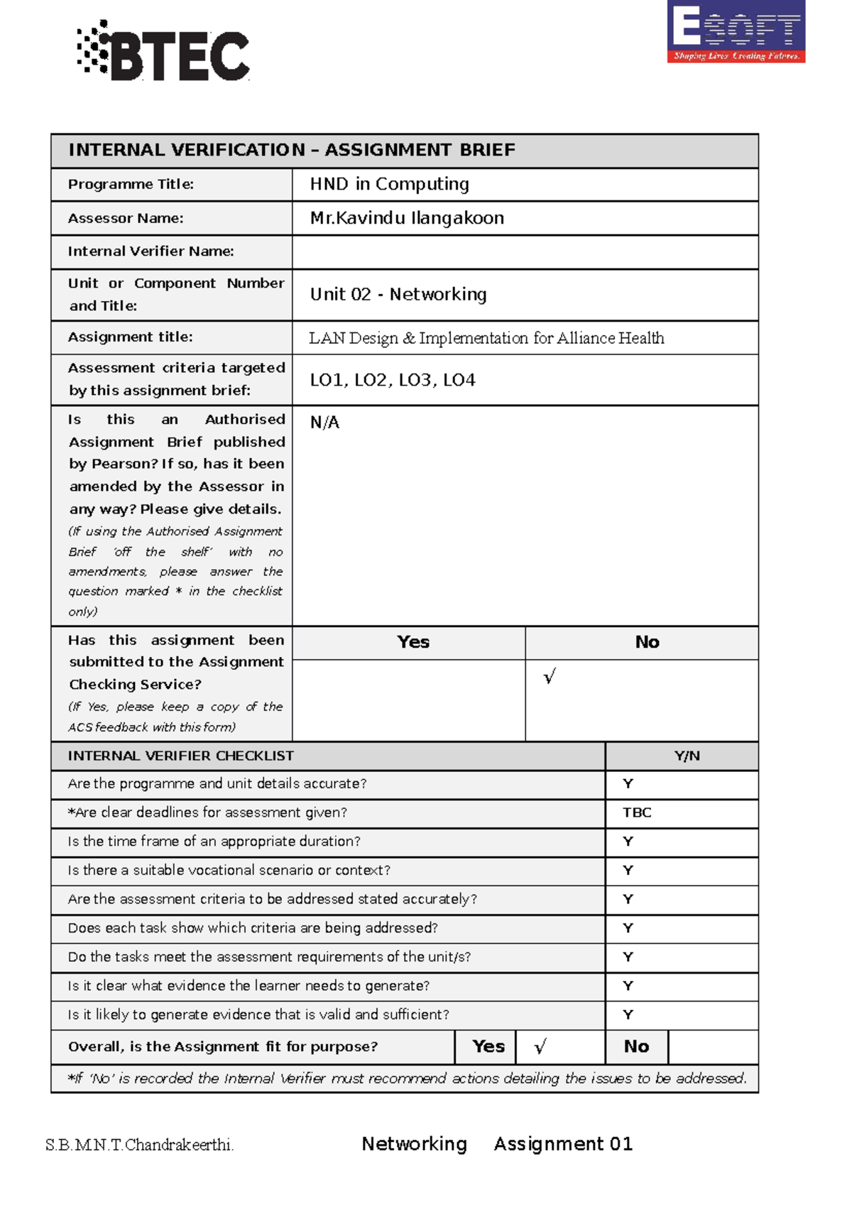 Unit 02 Networking Internal Verification Assignment Brief Programme Title Hnd In Computing