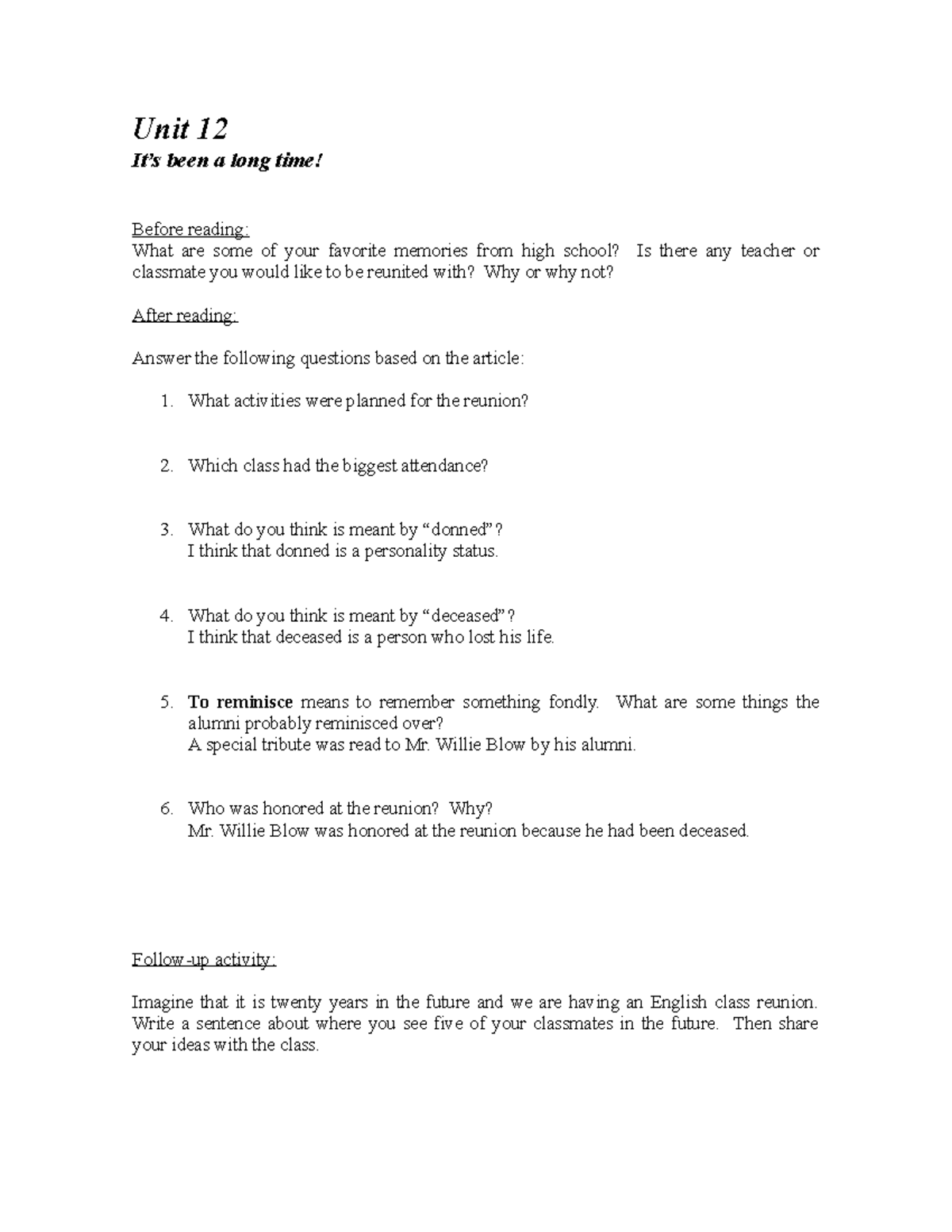 Supplemental Reading I2 U12 - Unit 12 It’s been a long time! Before ...