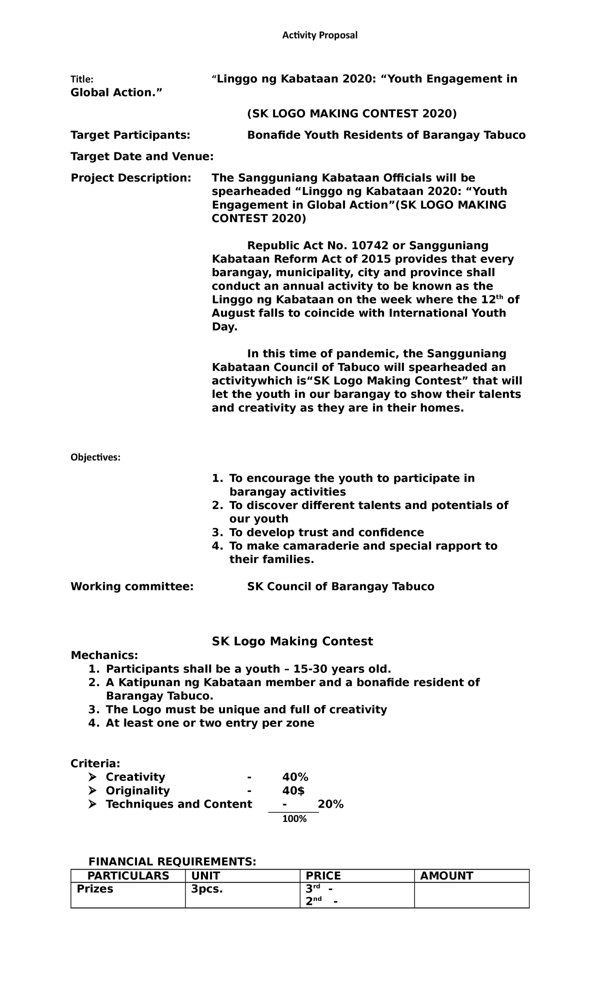 Activity Proposal Formatdocx - Activity Proposal Title: Global ng ...