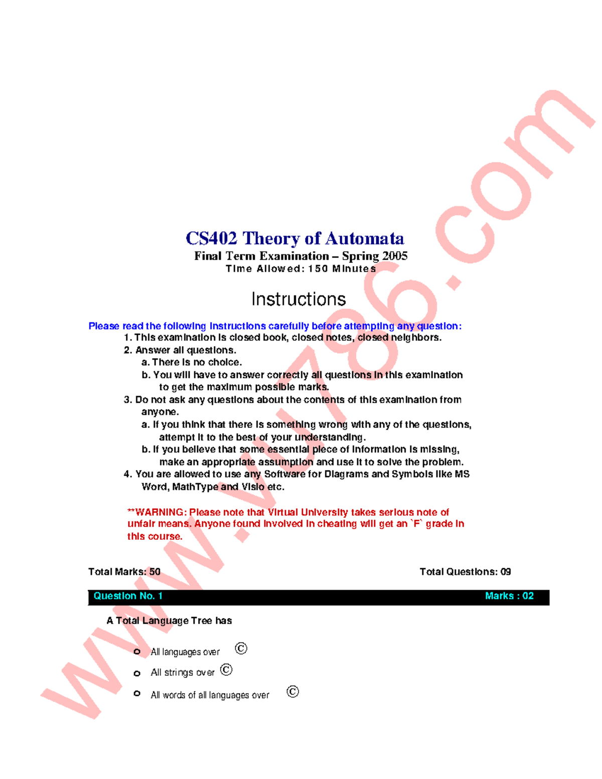 Cs402 final term 1 Past Paper - CS402 Theory of Automata Final Term Examination – Spring 2005 ...