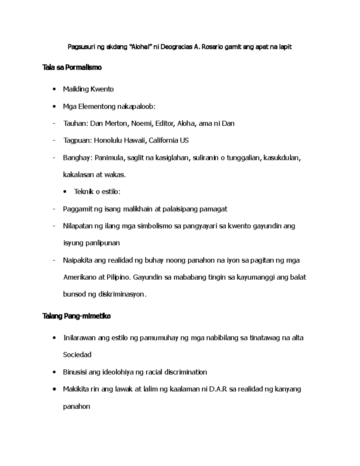 Pagsusuri ng akdang "Aloha!" ni Deogracias A. Rosario gamit ang apat na ...