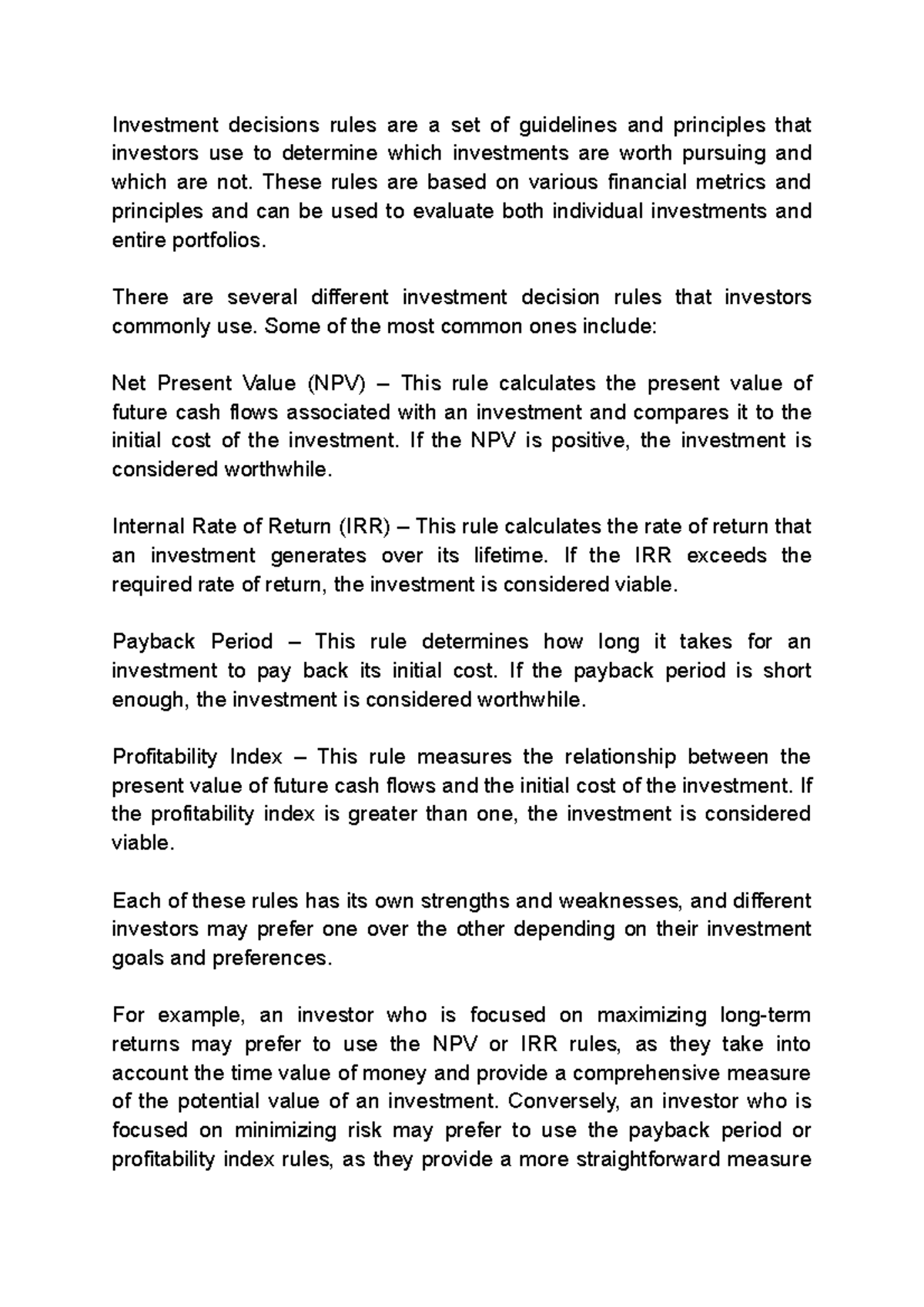 Lecture Notes Investment decisions rules corporate finance - Investment ...