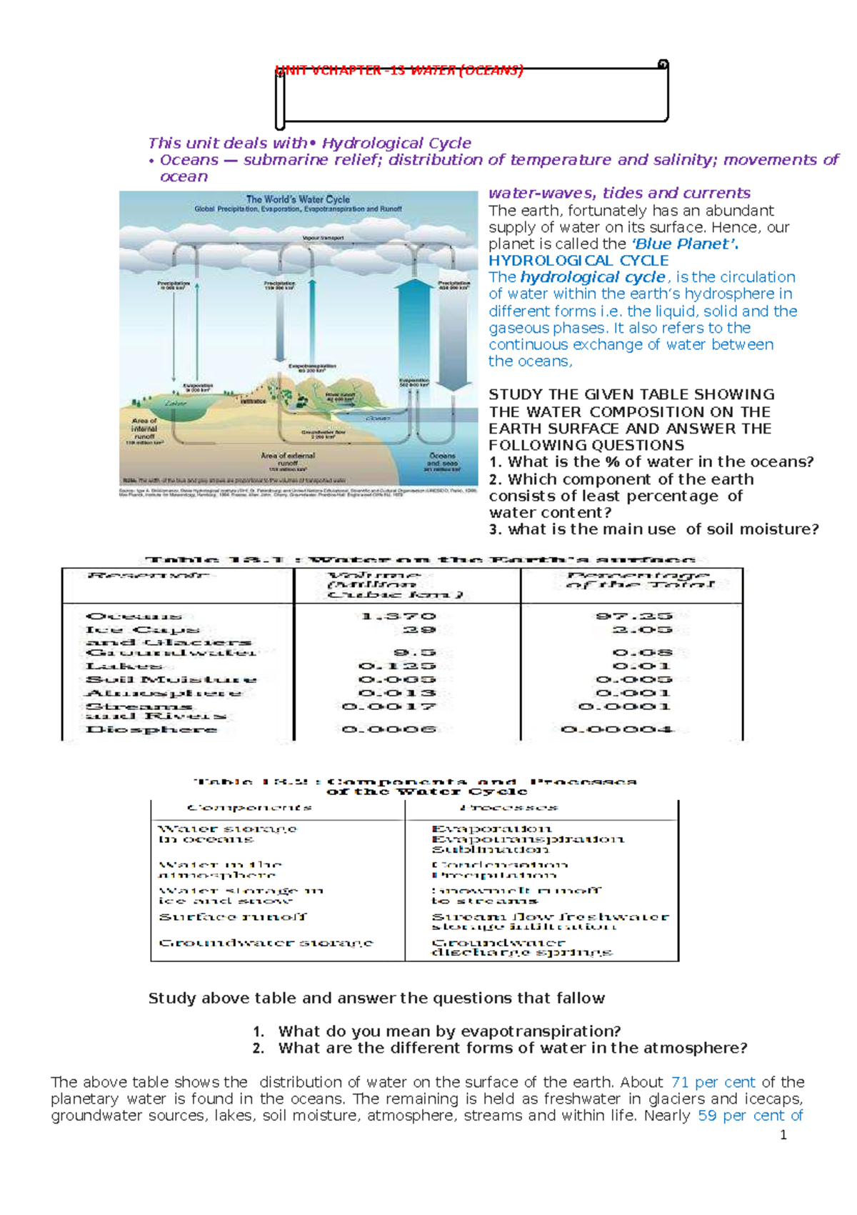 11 geography notes 13 water oceans - This unit deals with• Hydrological ...