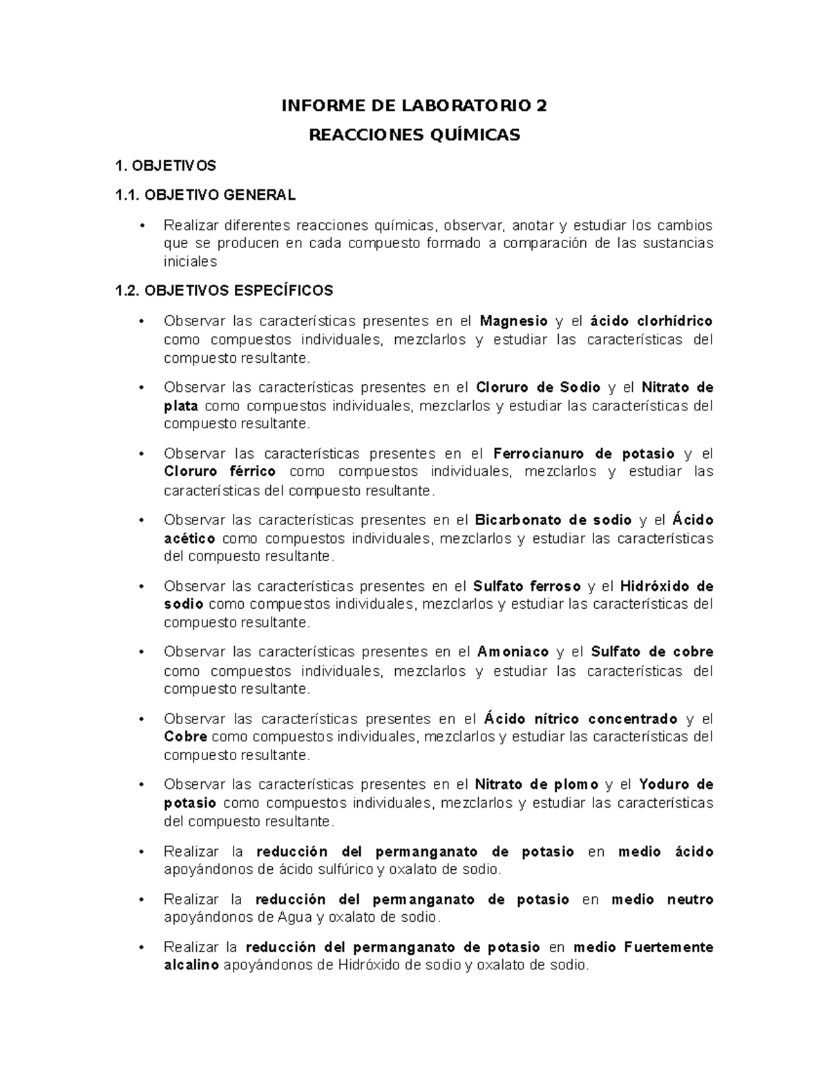 Informe labo 2 quimica - INFORME DE LABORATORIO 2 REACCIONES QUÍMICAS 1. OBJETIVOS 1. OBJETIVO ...