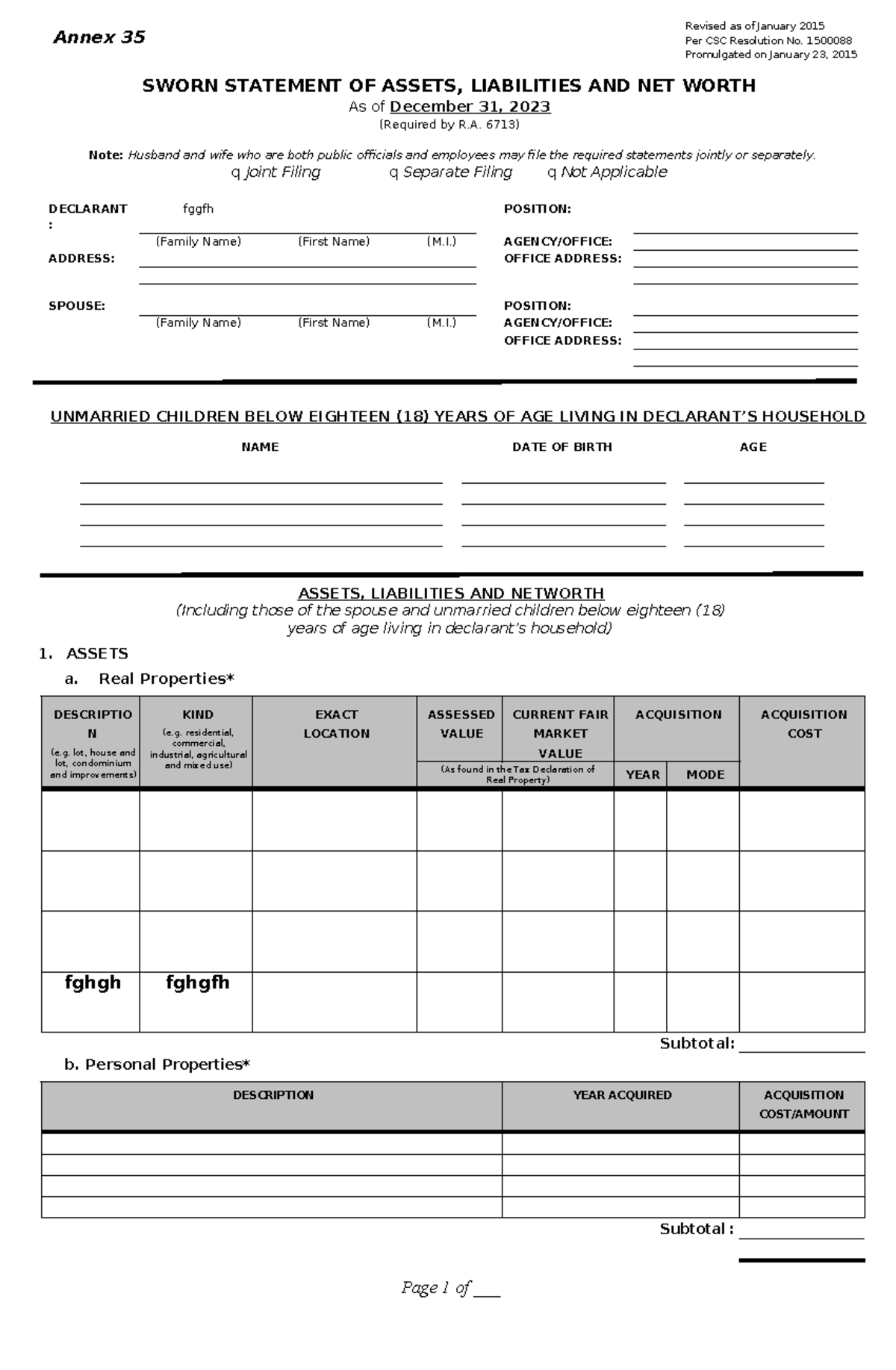 Statement of Assets Liabilities and Net Worth Form - Revised as of ...