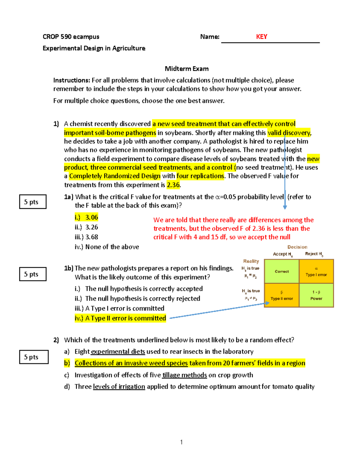 Midterm 2017 key - CROPExperimental 590 ecampus Design in Agriculture ...