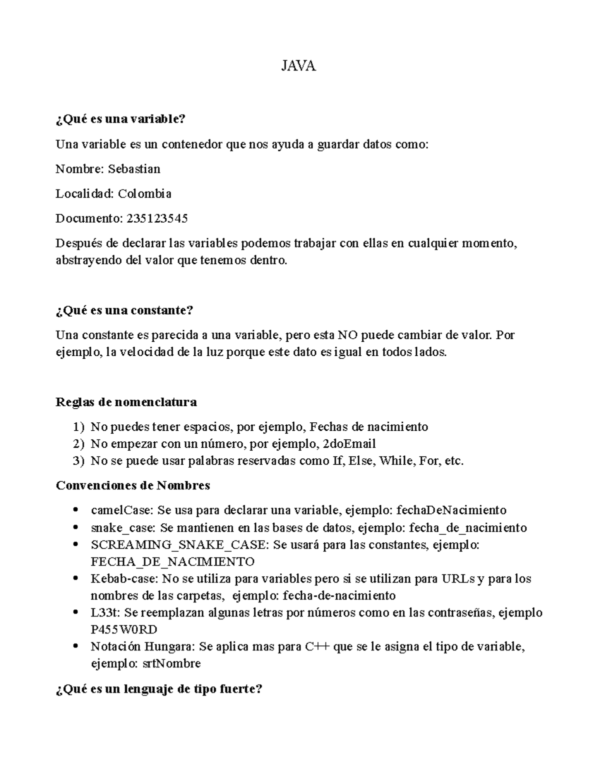 Algunos conceptos JAVA - JAVA ¿Qué es una variable? Una variable es un contenedor que nos ayuda ...