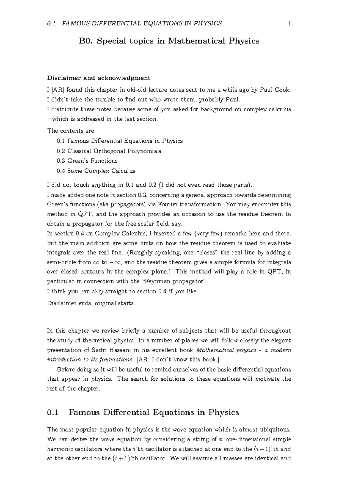 Special Topics - complex calculus and greens functions - 0. FAMOUS ...