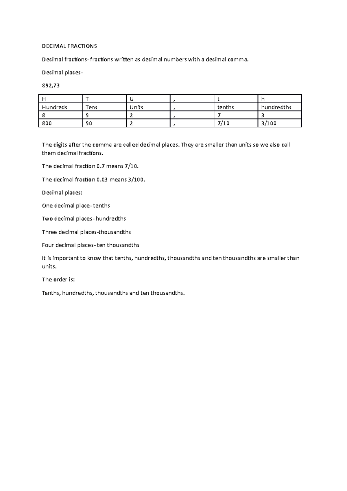 Decimal Fractions - DECIMAL FRACTIONS Decimal fractions- fractions ...