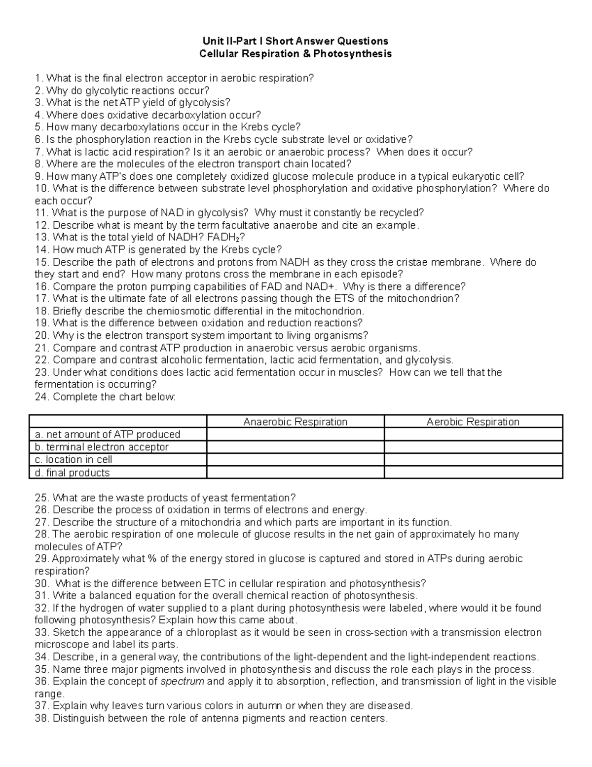 Cellular Respirationand Photosynthesis Study Guide - Unit II-Part I ...