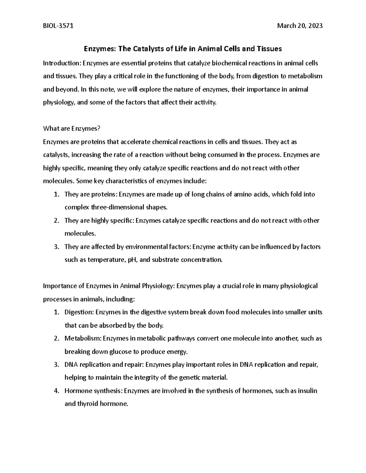 BIOL-3571: Enzymes - BIOL-3571 March 20, 2023 Enzymes: The Catalysts of ...
