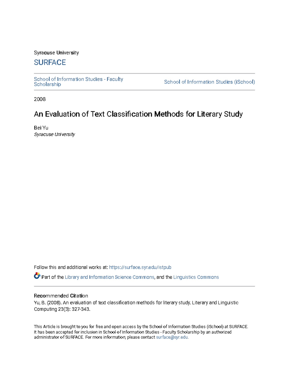 An Evaluation of Text Classification Methods for Literary Study - syr ...