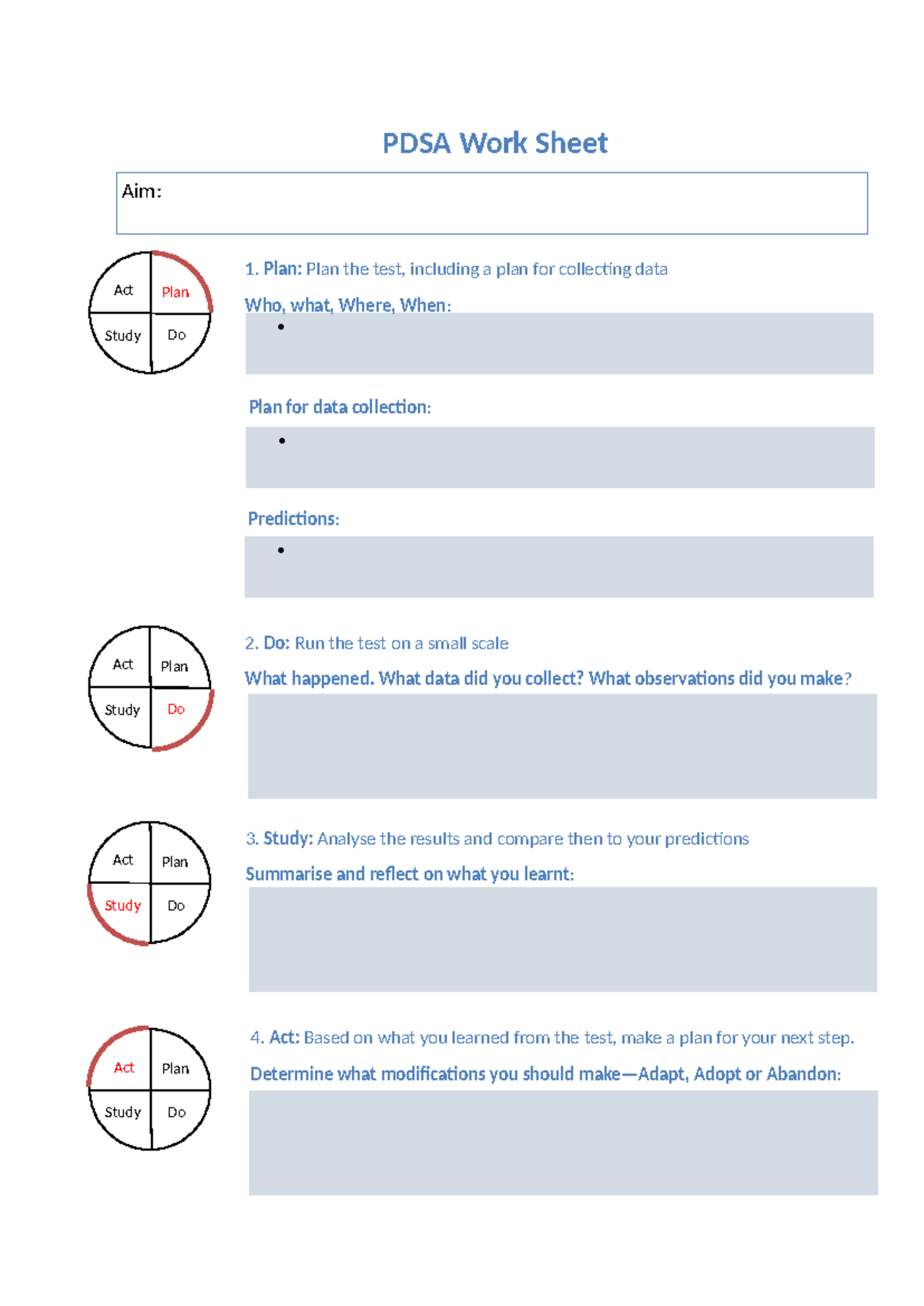 3 - PDSA Work Sheet - 1. Plan: Plan the test, including a plan for ...