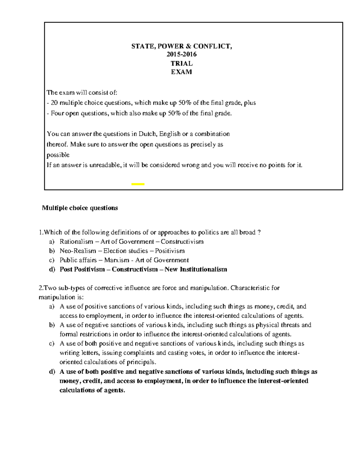 Proef/oefen tentamen 2015, vragen en antwoorden - STATE, POWER ...