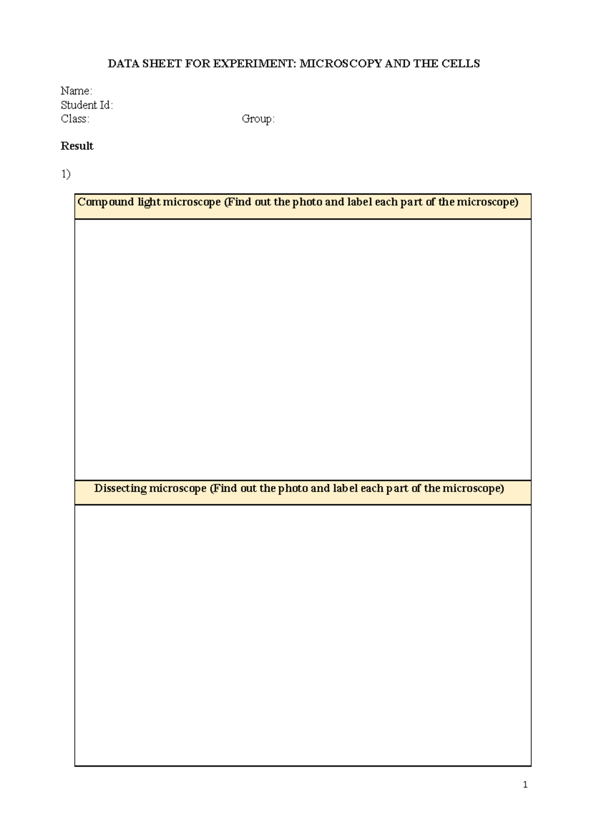 2. DATA Sheet FOR Experiment- Microscopy AND THE Cells - DATA SHEET FOR ...