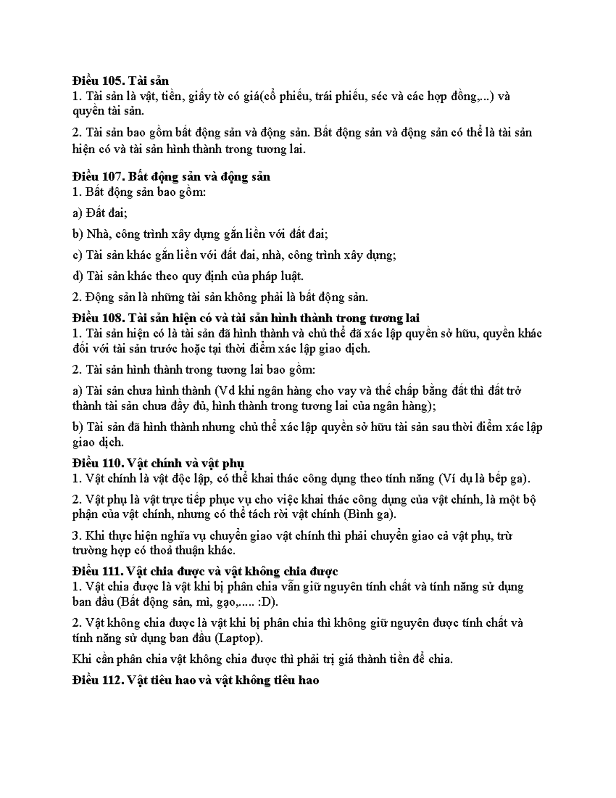 Câu 1 - cccccccccccccccccccccccc - Điều 105. Tài sản Tài sản là vật ...