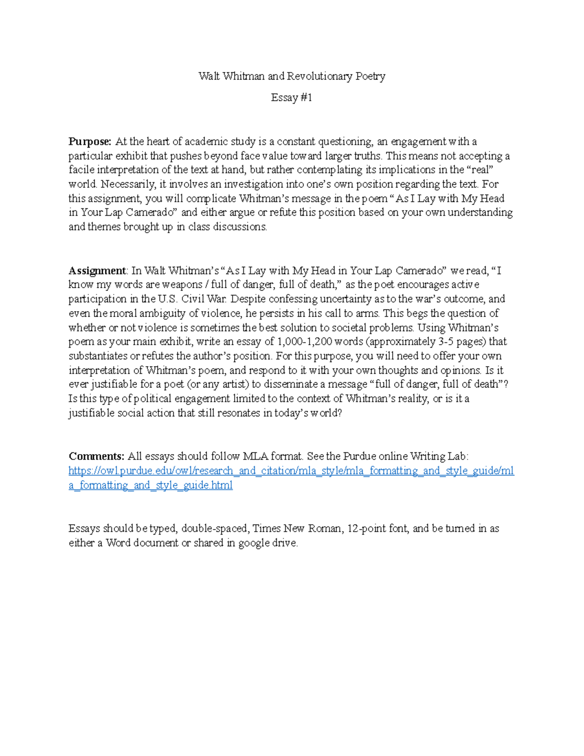 Assignment 1-Summer - Walt Whitman and Revolutionary Poetry Essay ...