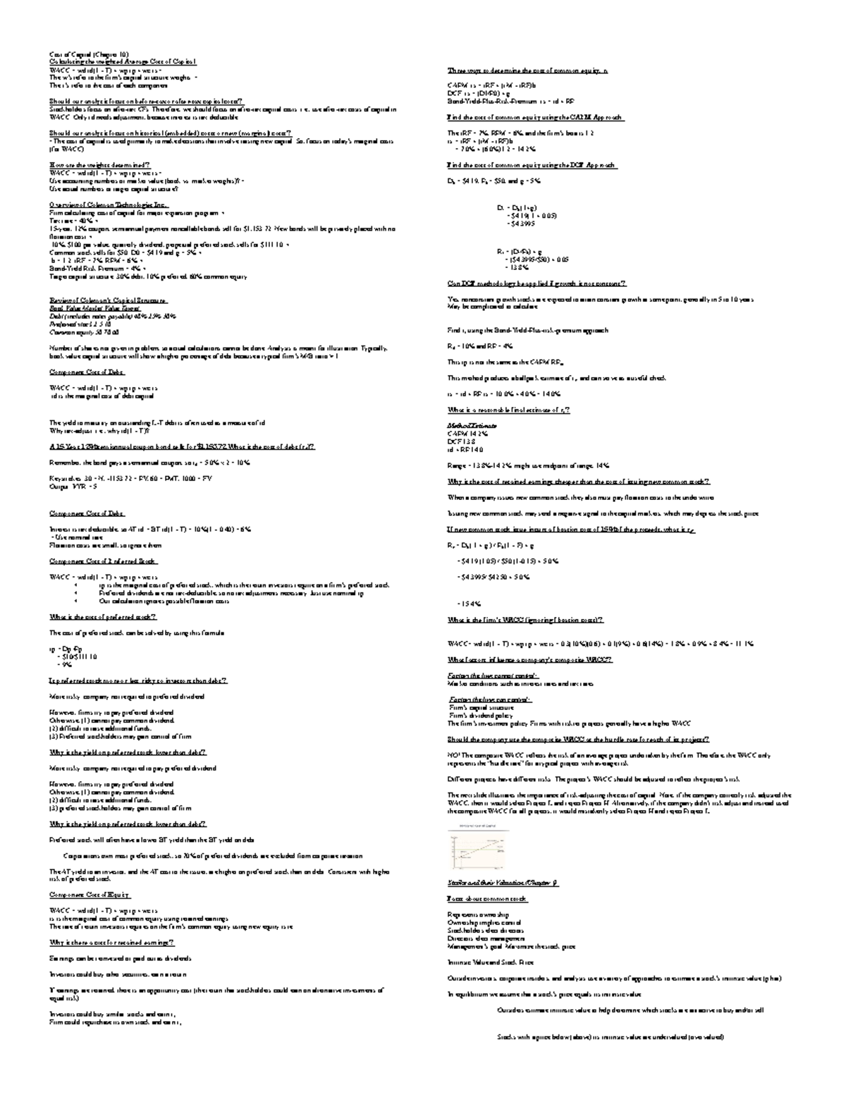 Corporate Finance Final Exam Cheat Sheet - Cost of Capital (Chapter 10 ...