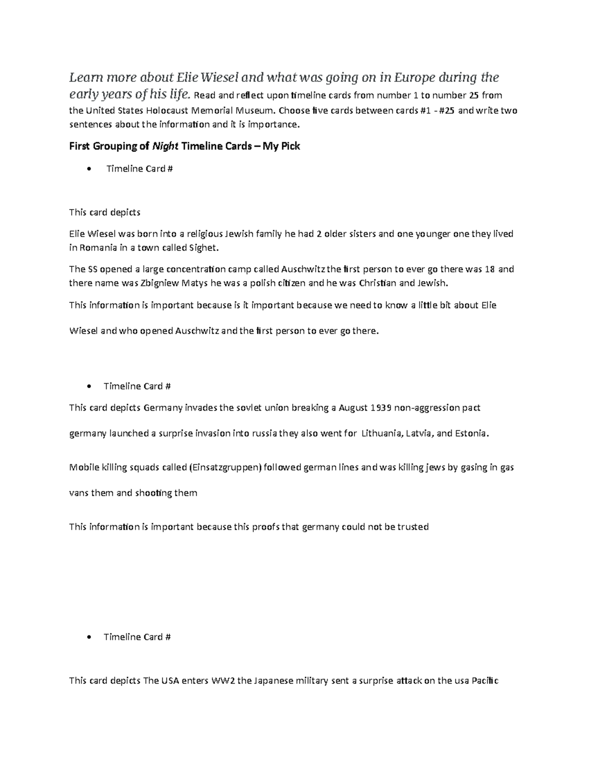 Night Timeline Cards-Kylie Griffin - Learn more about Elie Wiesel and ...