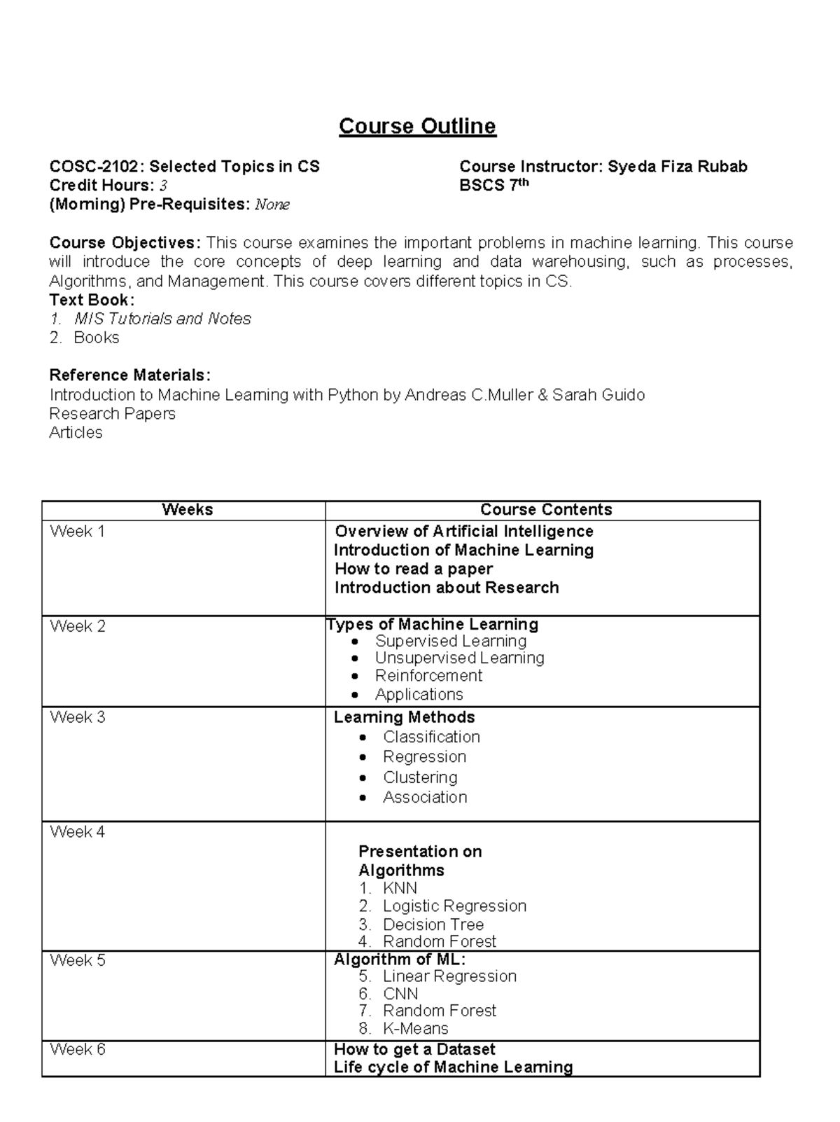 Selected Topics Course Outline - Course Outline COSC-2102: Selected Topics in CS Course ...