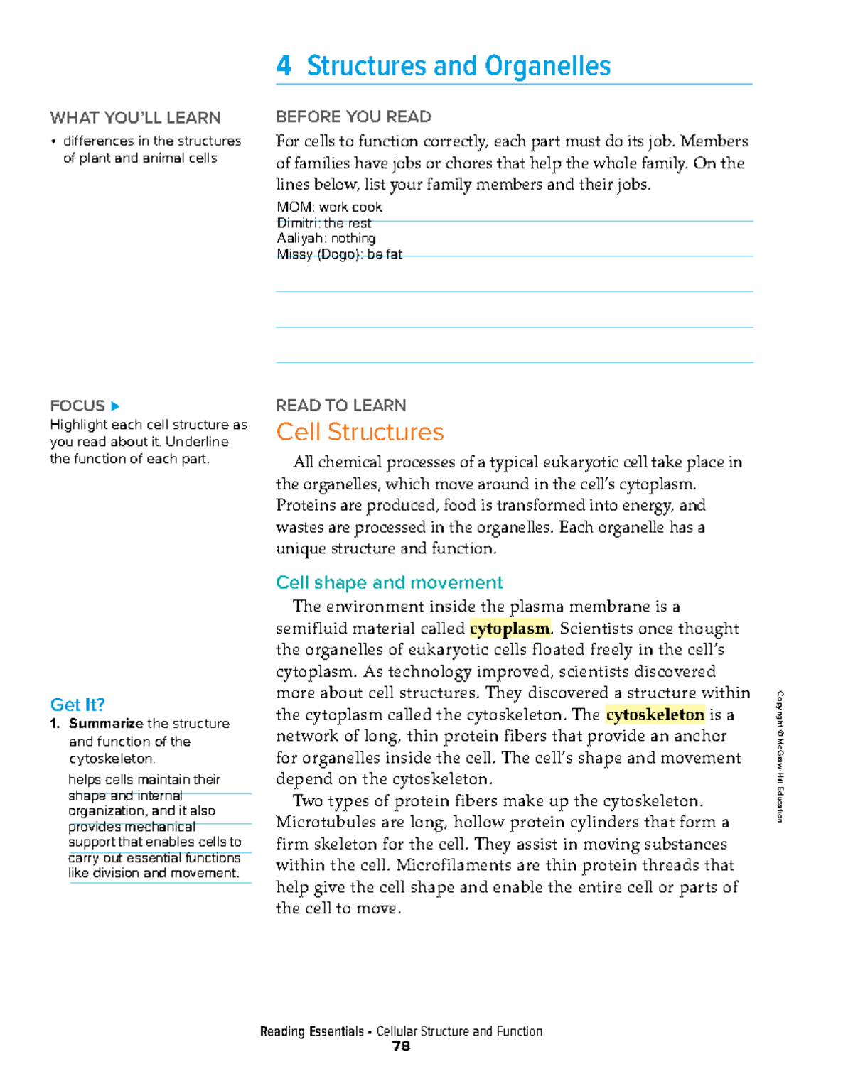 Cells Mod 7Les4 Reading Essentials Organelles - Copyright © McGraw-Hill ...