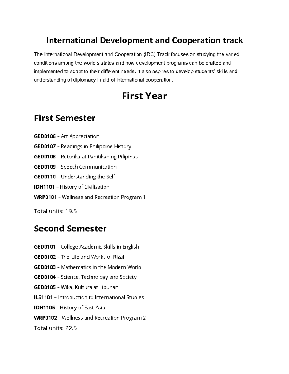 International Development and Cooperation Track Curriculum ...