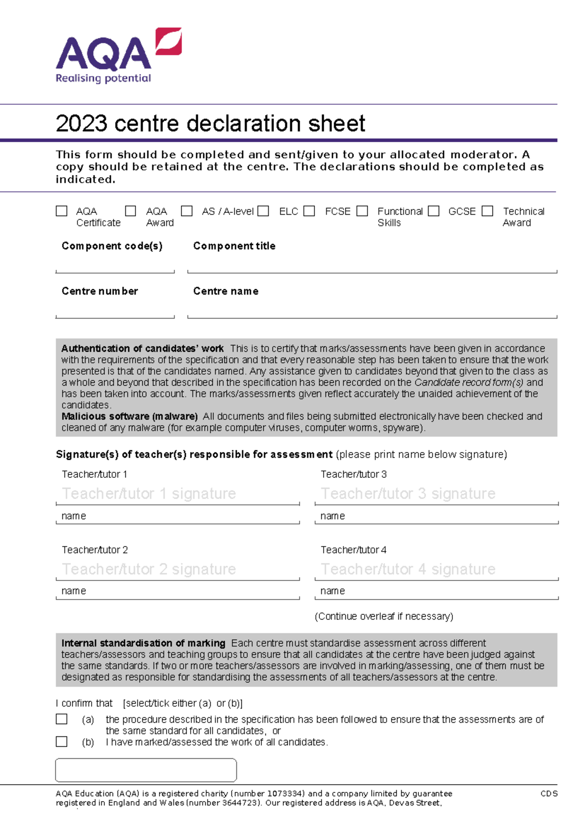 AQA-CDS-23 - okkkkkkkkkkk - 2023 centre declaration sheet This form should be completed and ...