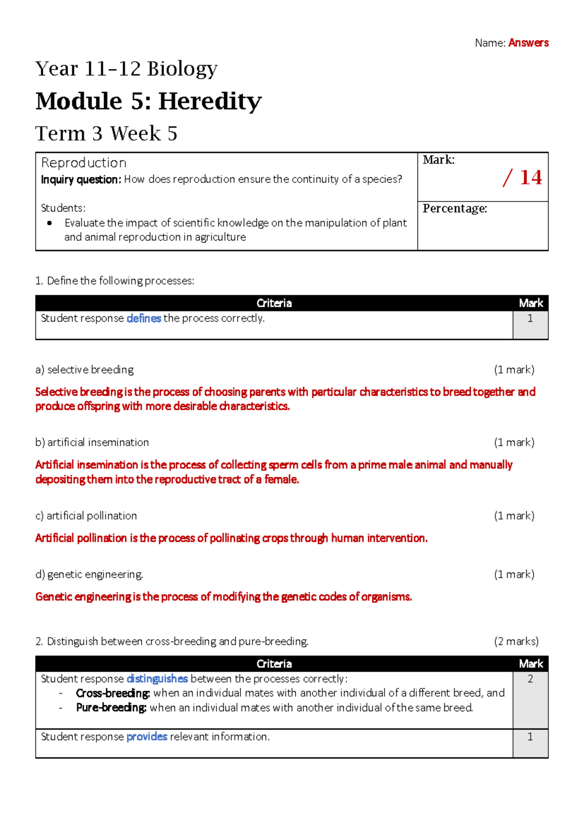 1 - 5 - Answers - BIO Question + Answer - Name: Answers Year 1 1 – 12 ...