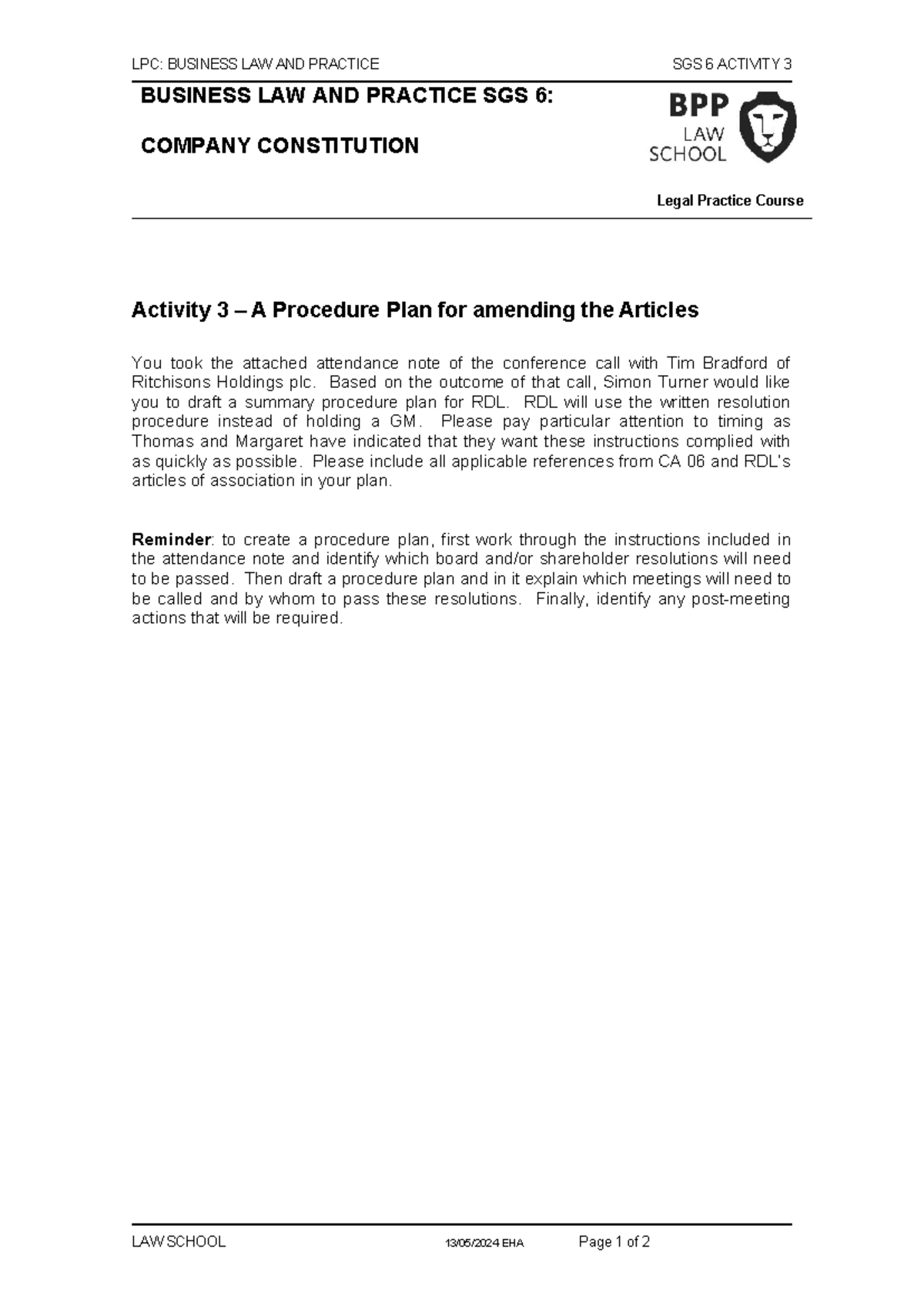 Activity 3 - LPC: BUSINESS LAW AND PRACTICE SGS 6 ACTIVITY 3 BUSINESS ...