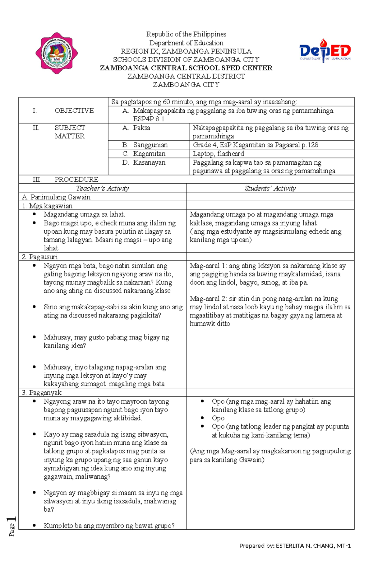G4 ESP - sample lesson plan - Page 1 Republic of the Philippines ...