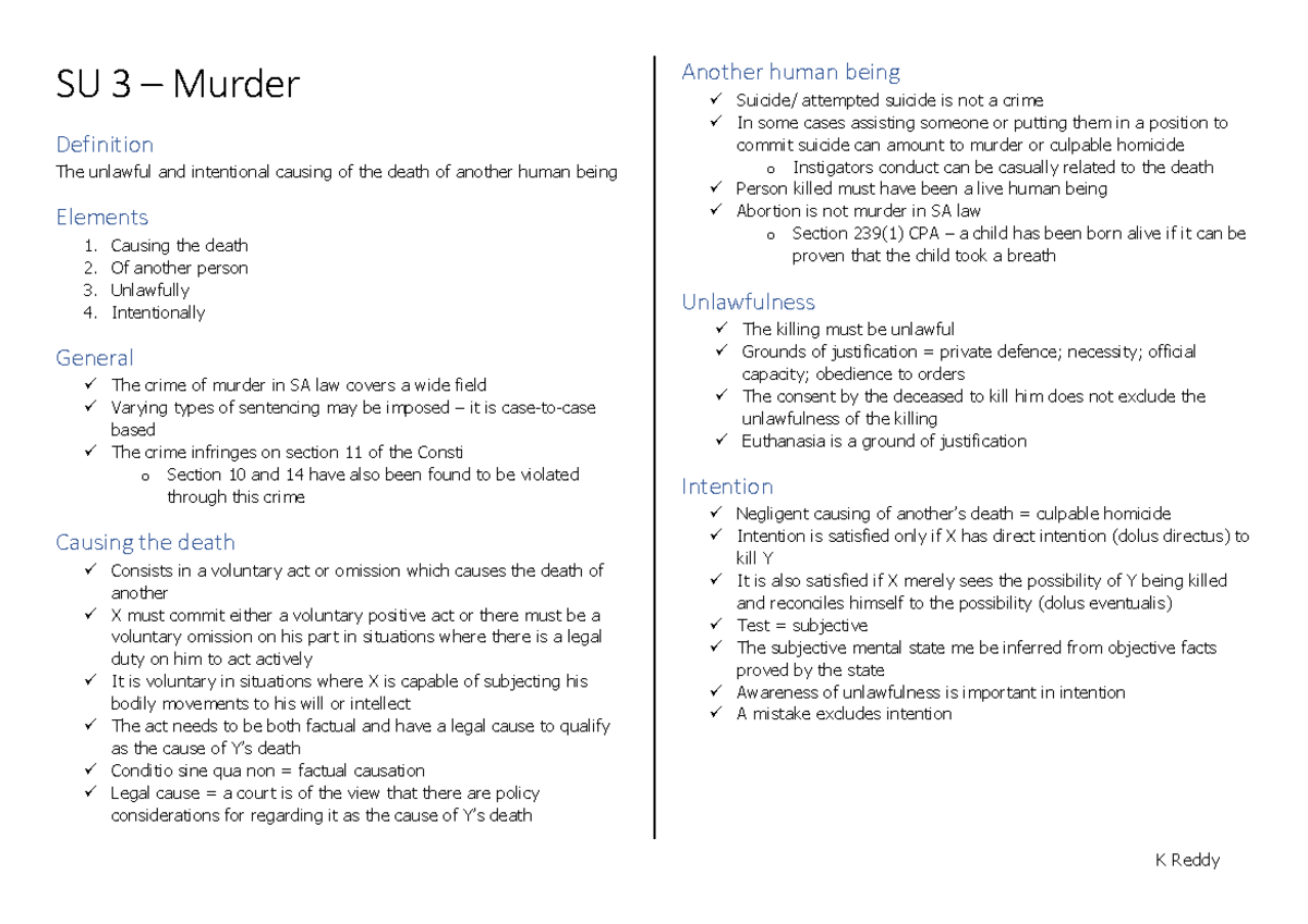 Specific Crimes Study Unit 3 - SU 3 – Murder Definition The unlawful ...