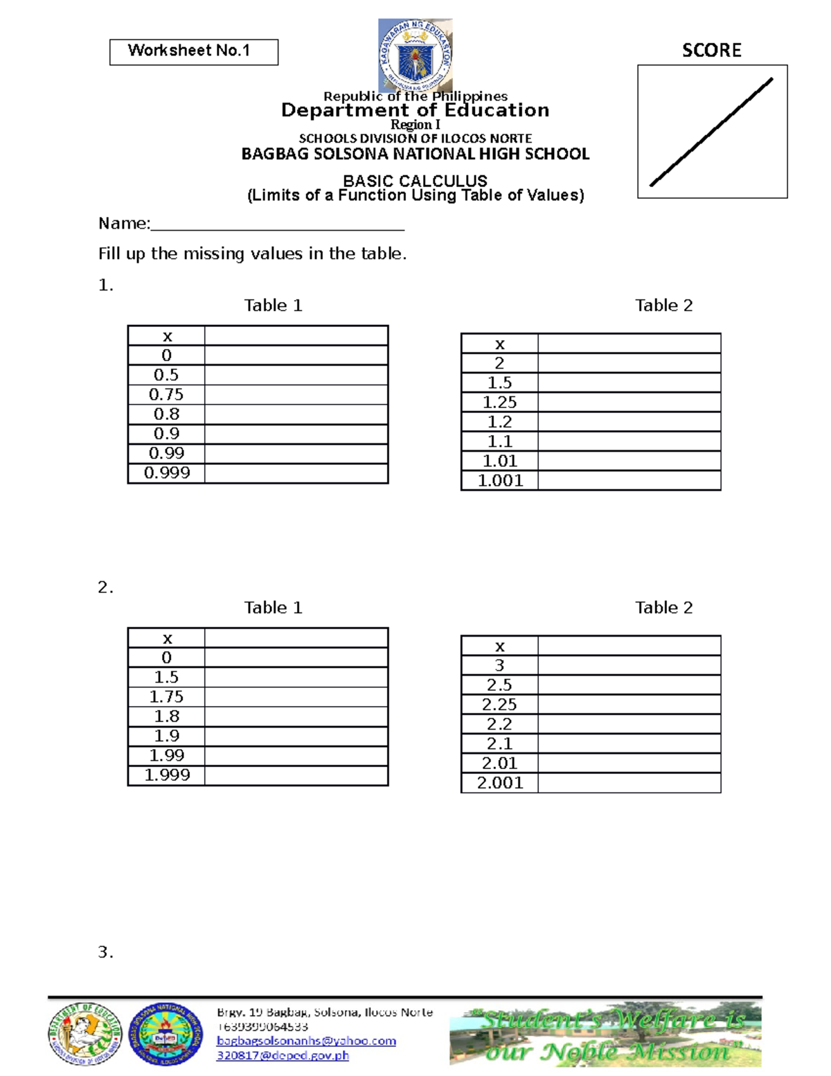 Worksheet NO.1(l Imits OF A Function Using Table OF Values) - Republic ...