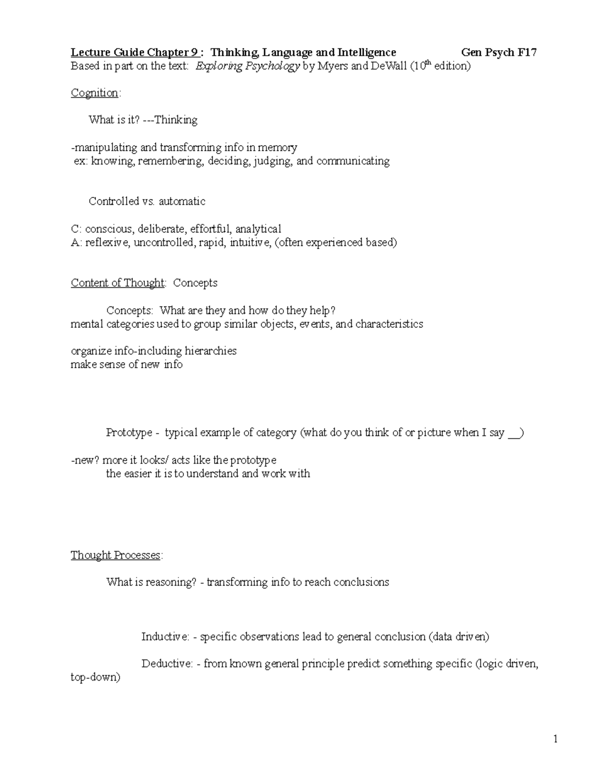 Chapter 9 Thinking, Language, and Intelligence - Lecture Guide Chapter ...